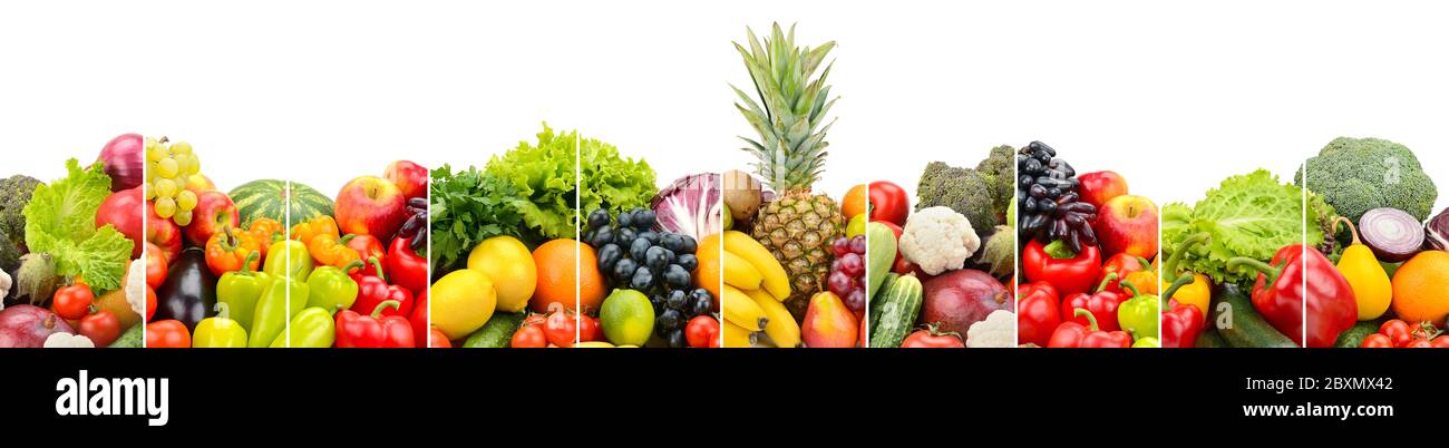 Fruits, vegetables separated vertical lines isolated on white ...
