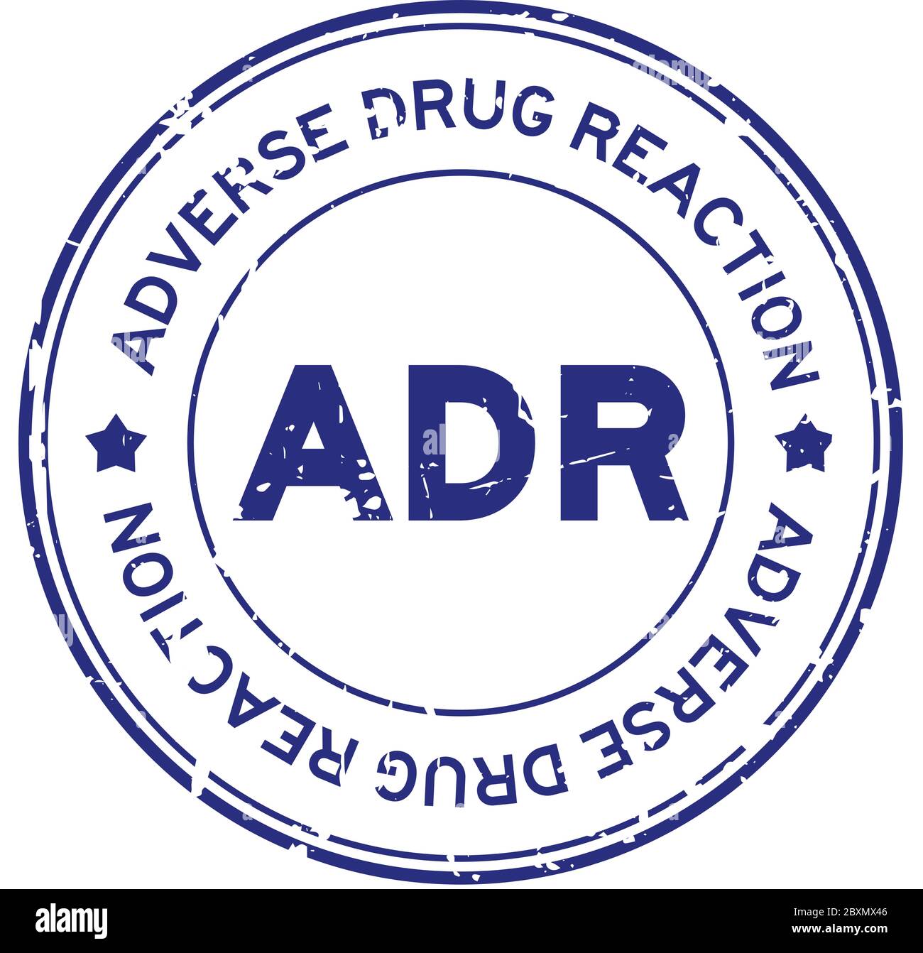 Grunge blue ADR (Abbreviation of Adverse Drug Reaction) round rubber ...