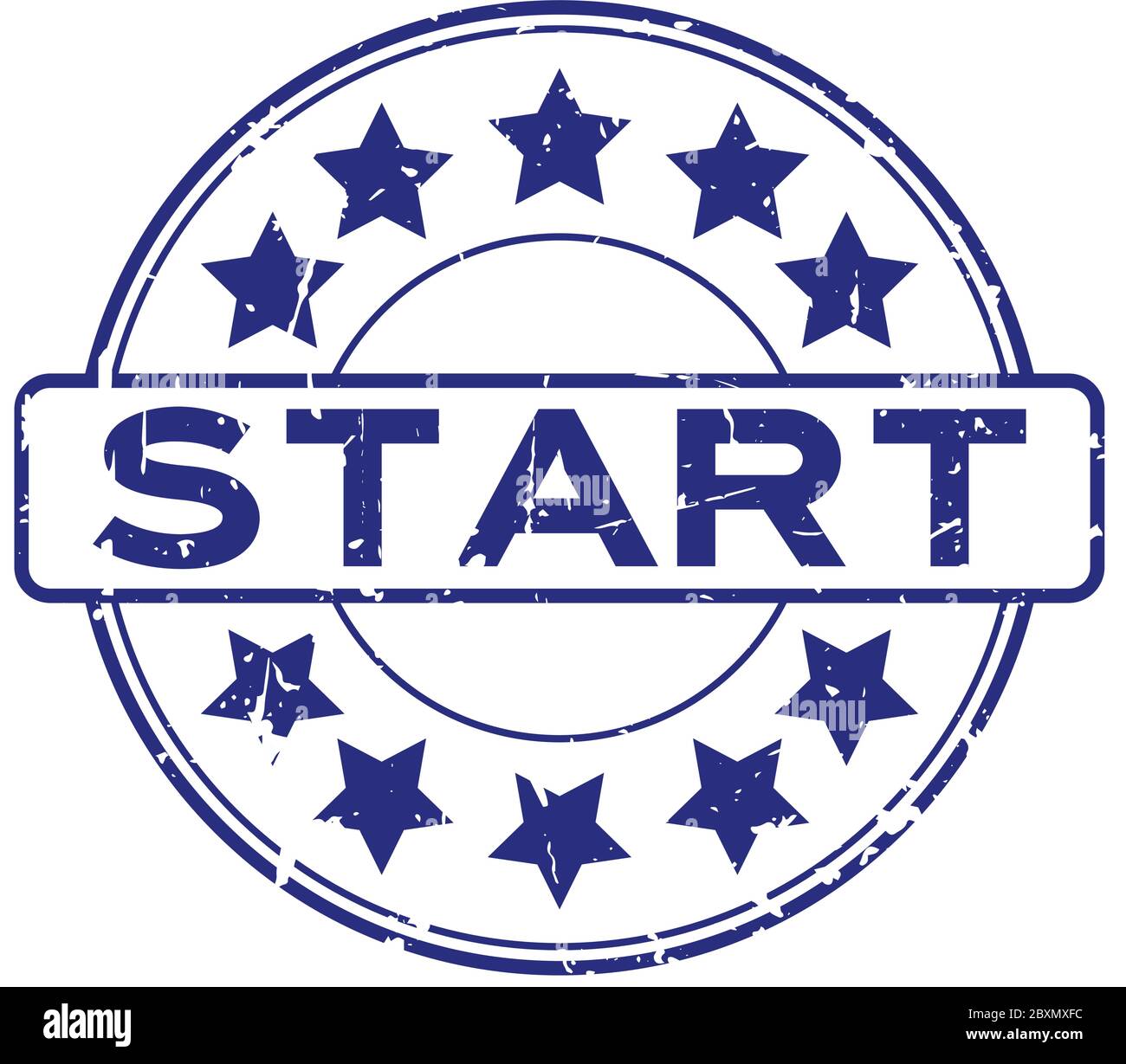 Grunge blue start with star icon round rubber seal stamp on white ...
