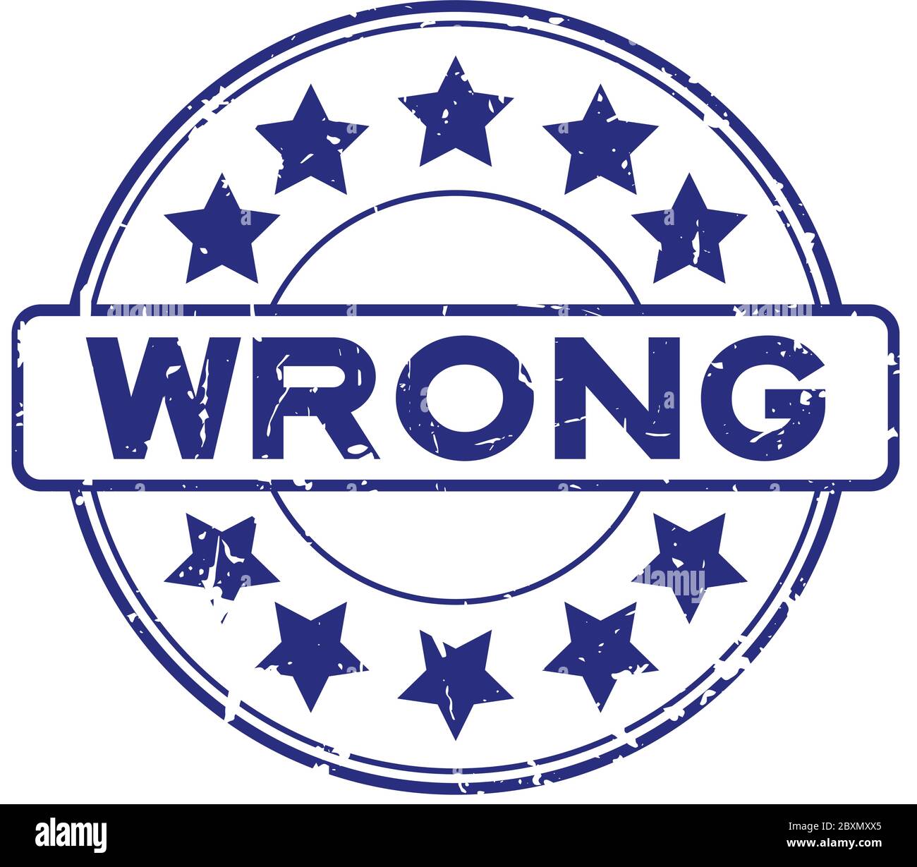 Grunge blue wrong with star icon round rubber seal stamp on white ...