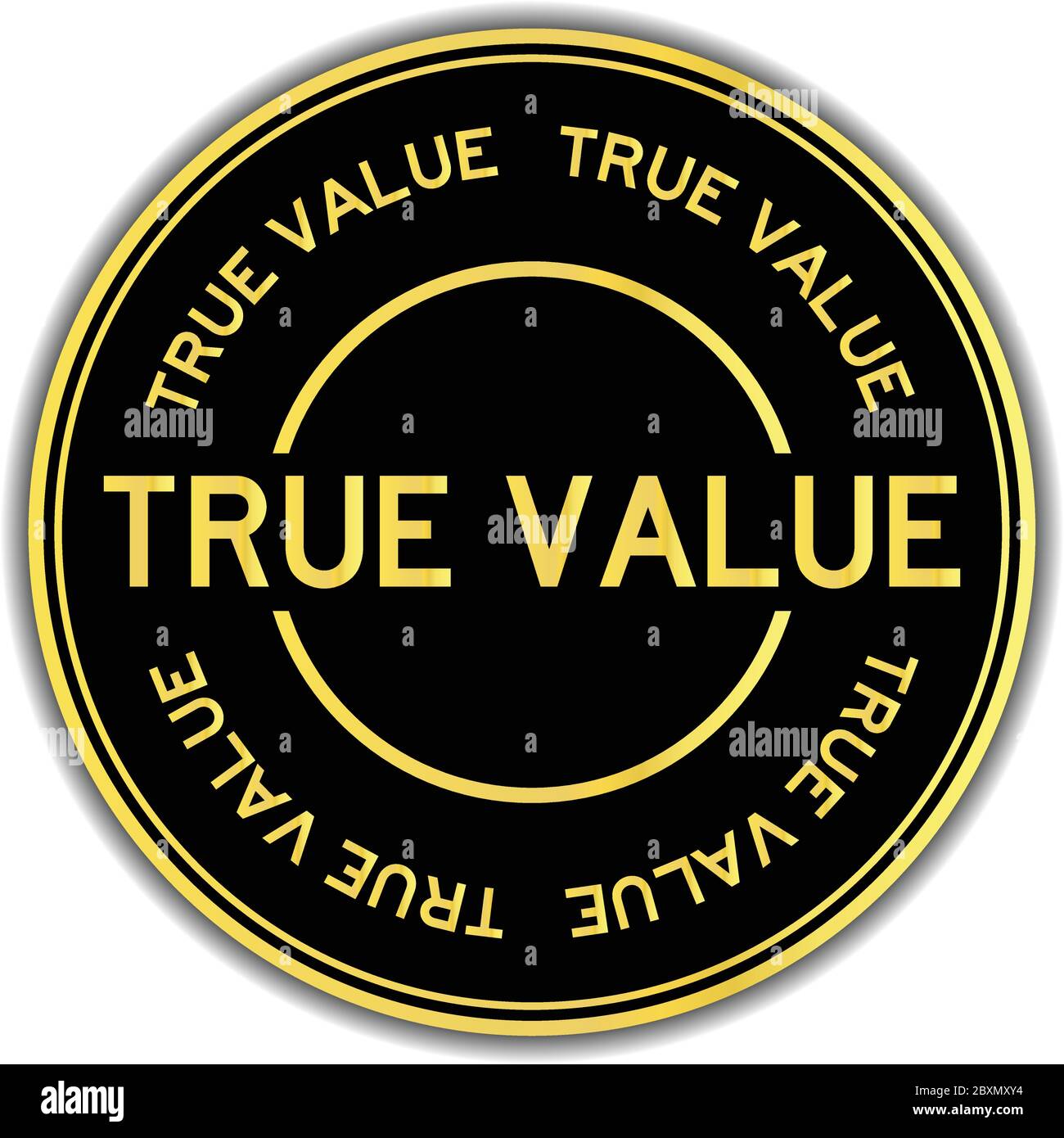 Black and gold color word true value round seal sticker on white ...