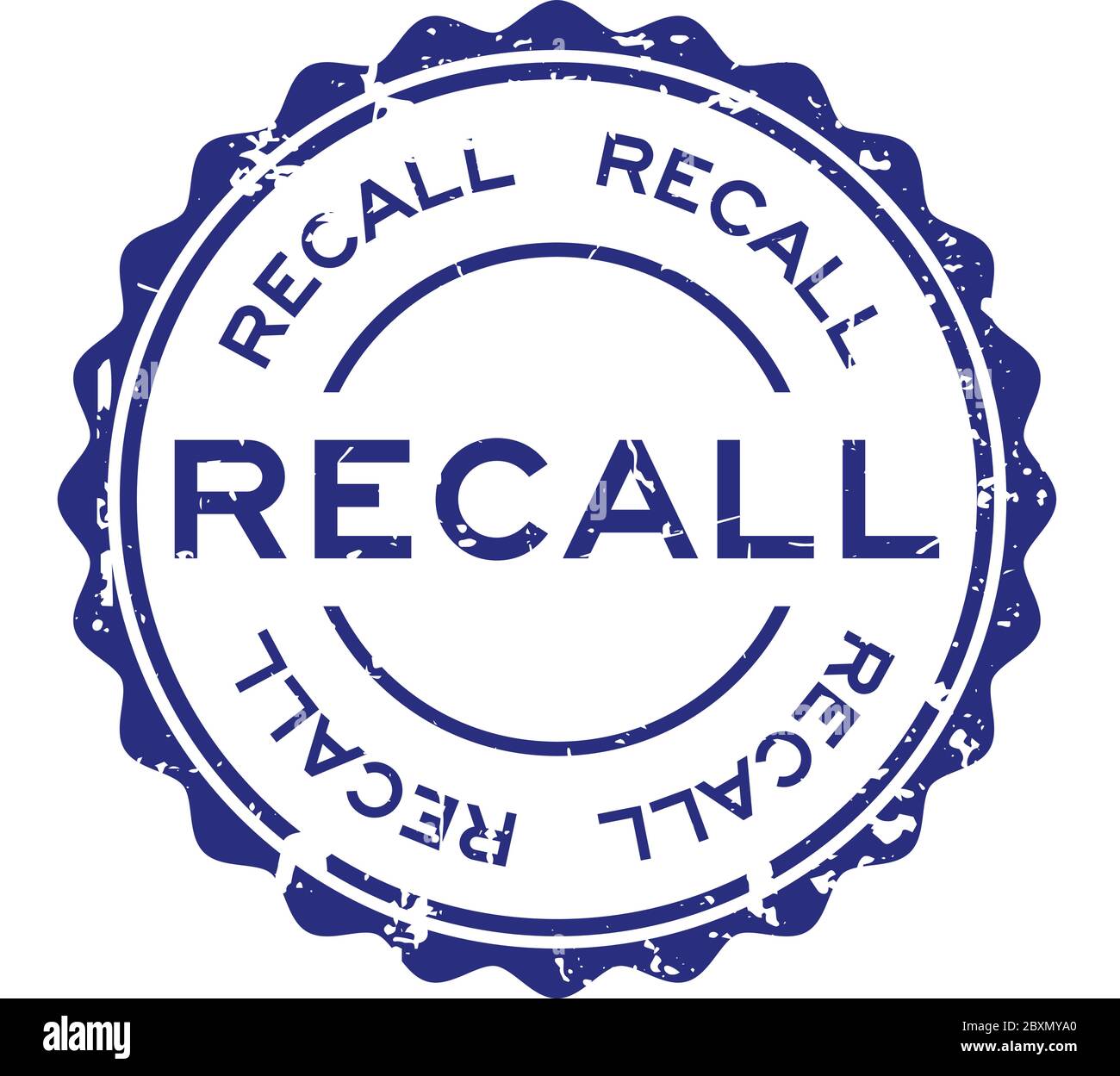 Grunge blue recall word round rubber seal stamp on white background ...