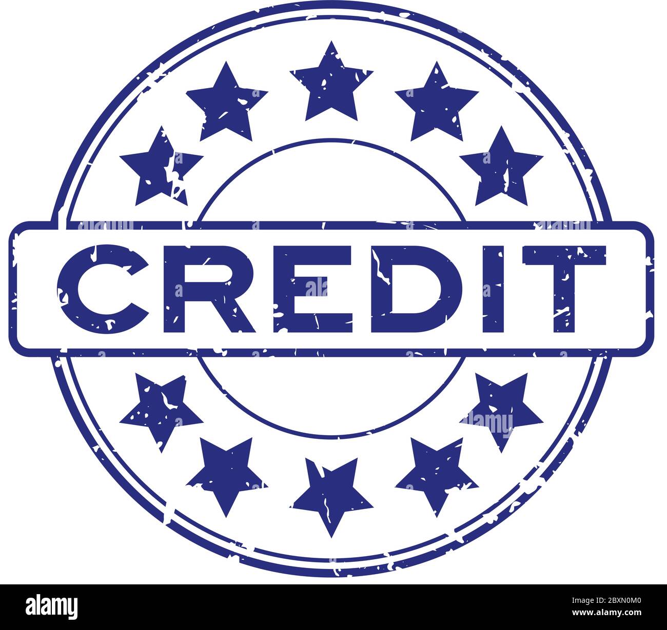 Grunge blue credit word with star icon round rubber seal stamp on white ...