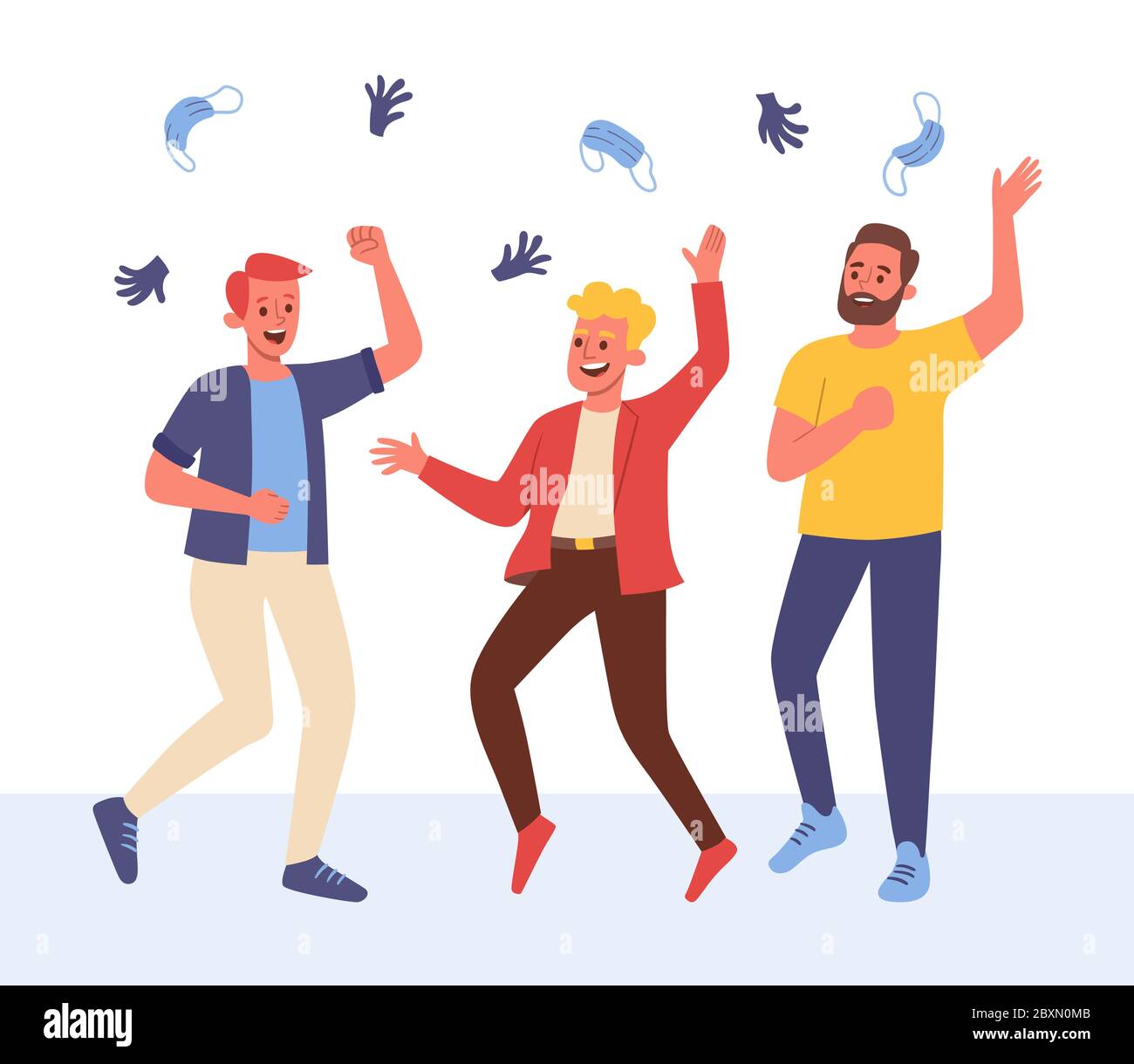 Group of three friends celebrating the end of the pandemic, laughing ...