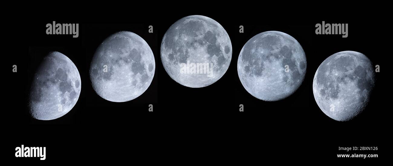 Phases of the Moon either side of a full moon, sequenced in a curve ...