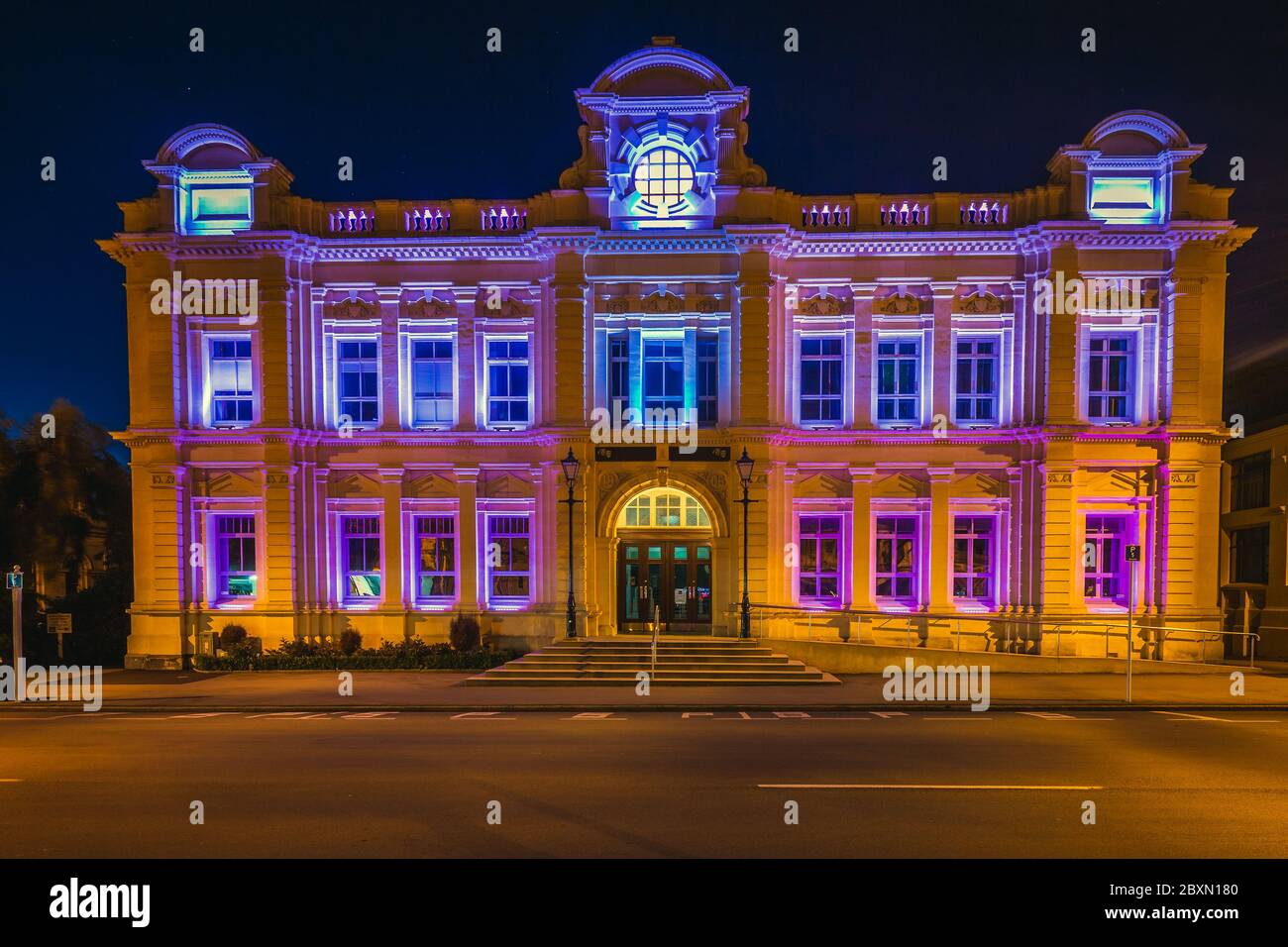 Neoclassical Oamaru building with night illumination Stock Photo - Alamy
