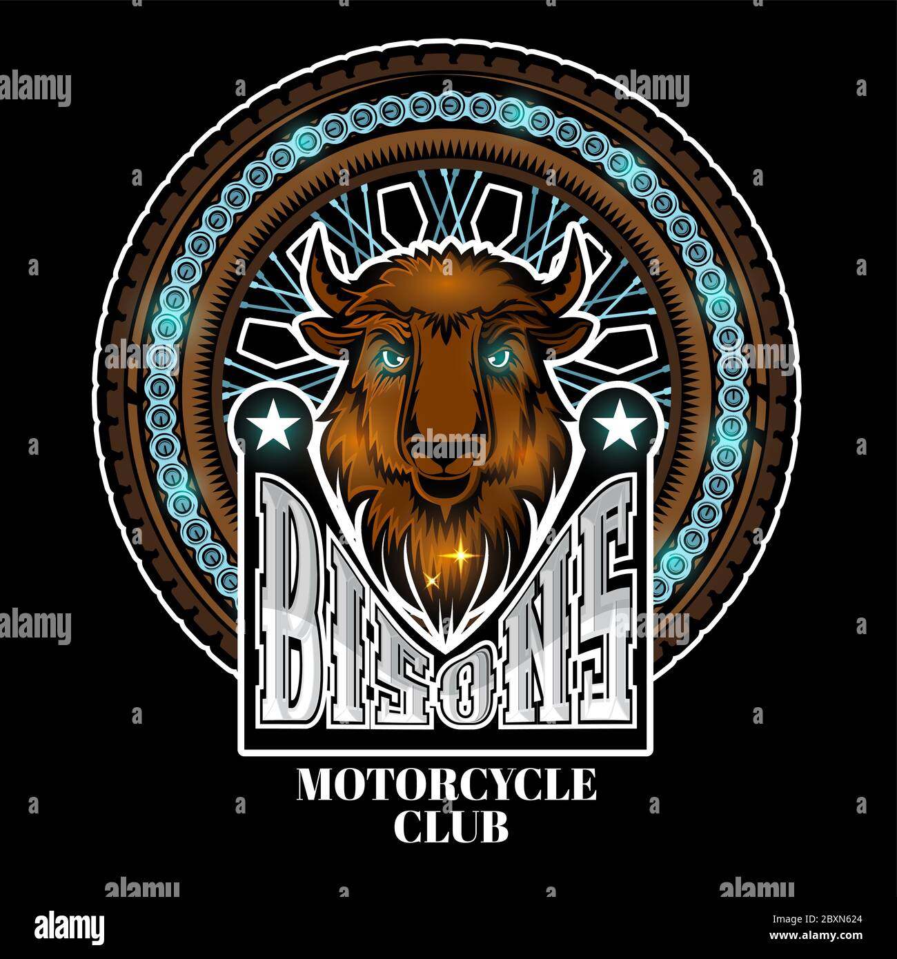 Bison's head in center of motorcycle wheel, color label on black ...