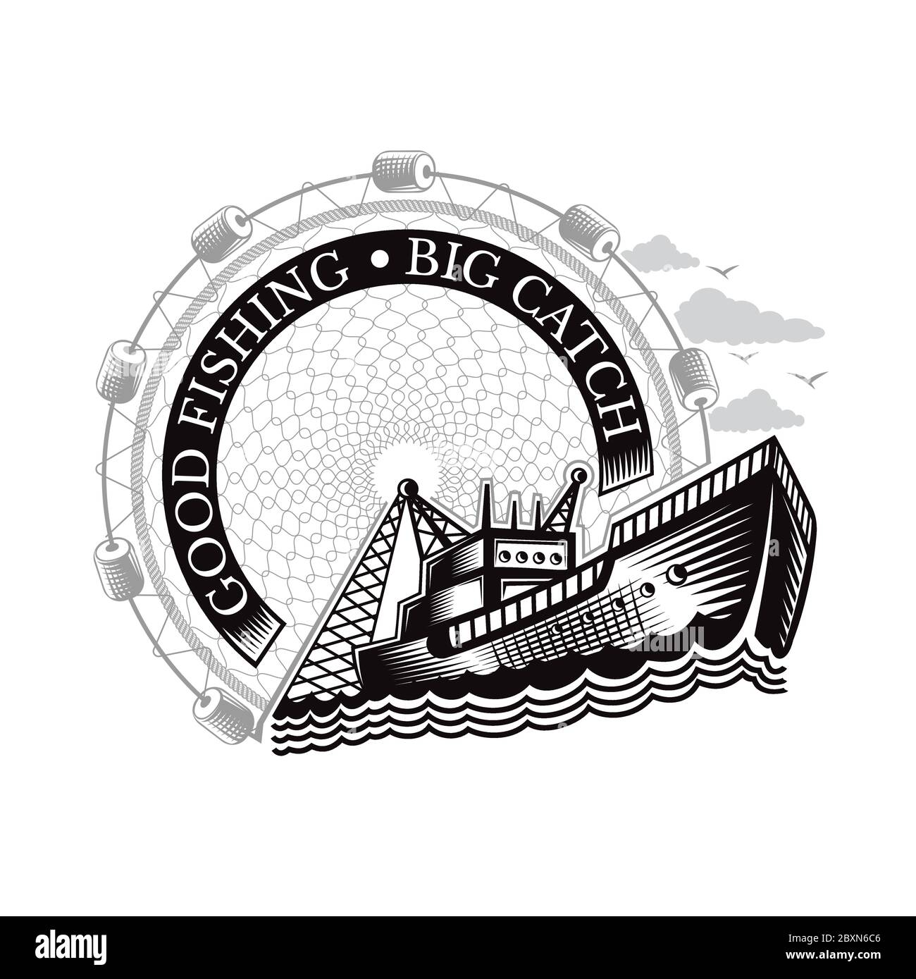 Fishing boat catching fish on round net background Stock Vector Image ...