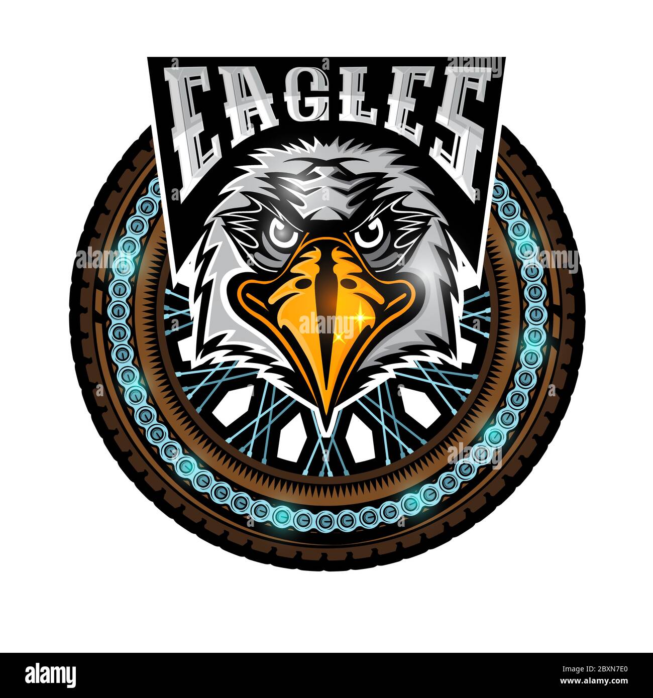 Eagle's head in center of motorcycle wheel, Label on black background ...