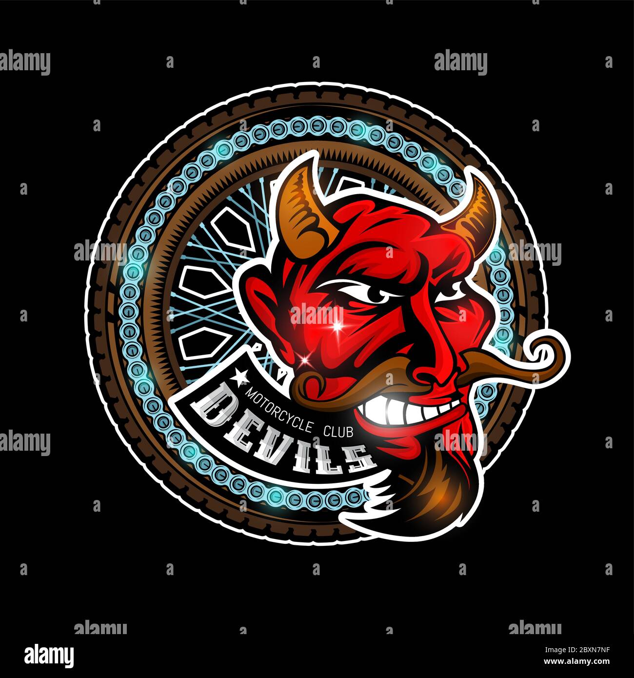 Devil's head in center of motorcycle wheel, color label on black ...