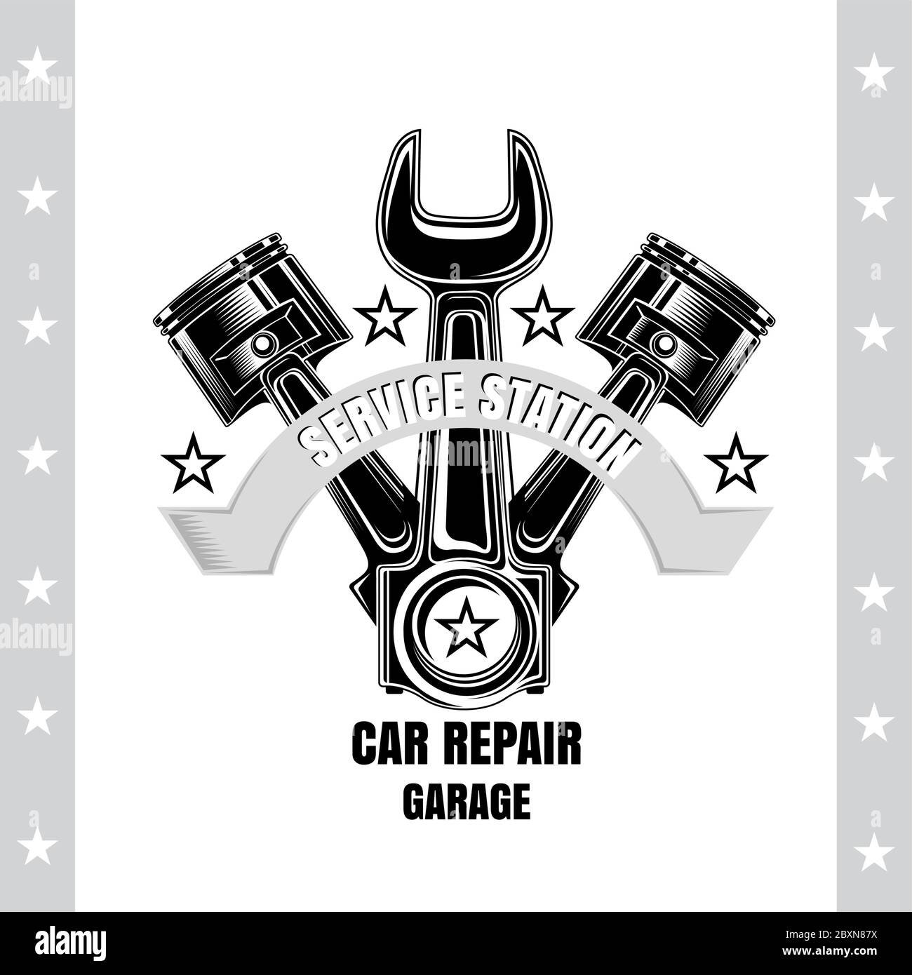 Two pistons and wrench between. Vintage design for repair service on ...