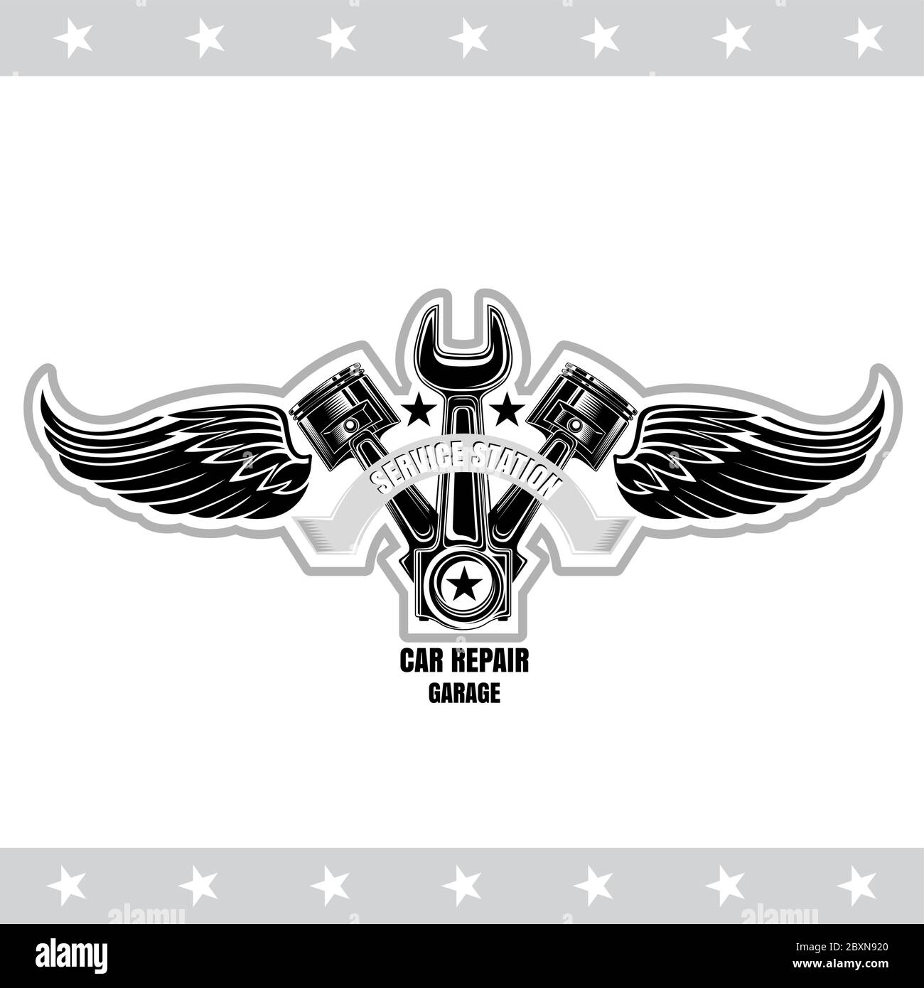 Two pistons and wrench between wide wings. Vintage design for repair ...