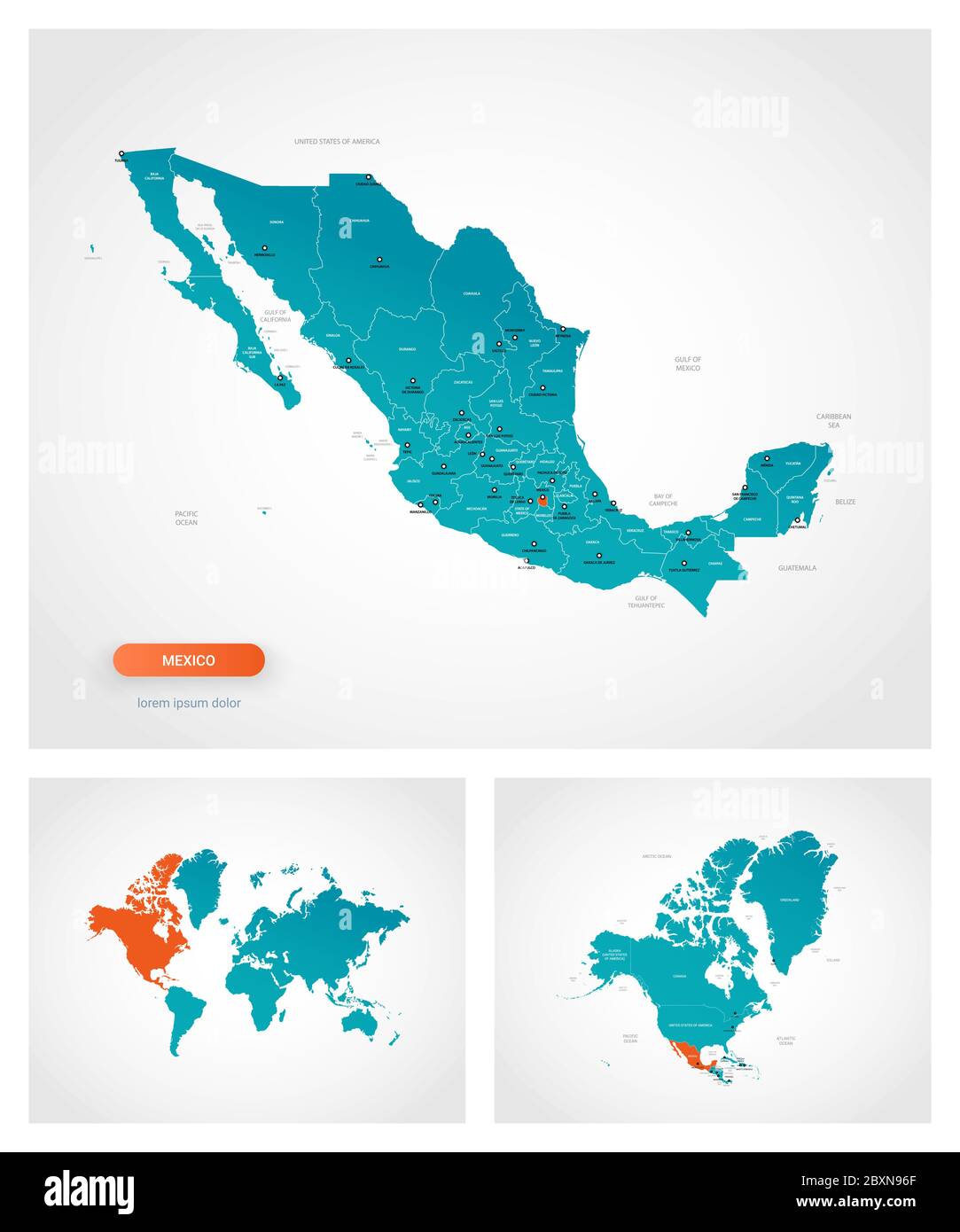 Editable template of map of Mexico with marks. Mexico on world map and ...