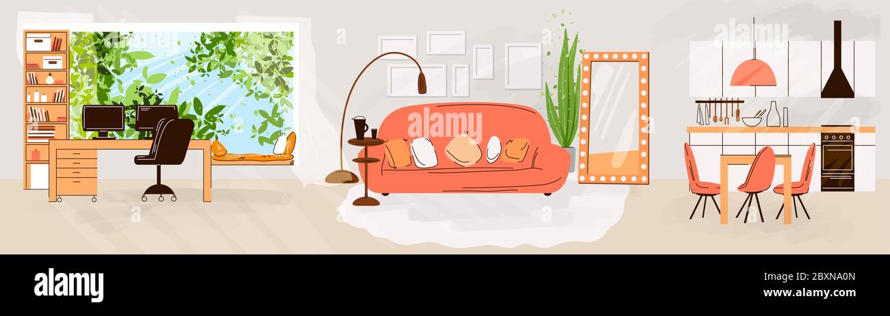 Vector flat set of home living and work interiors - Living room ...