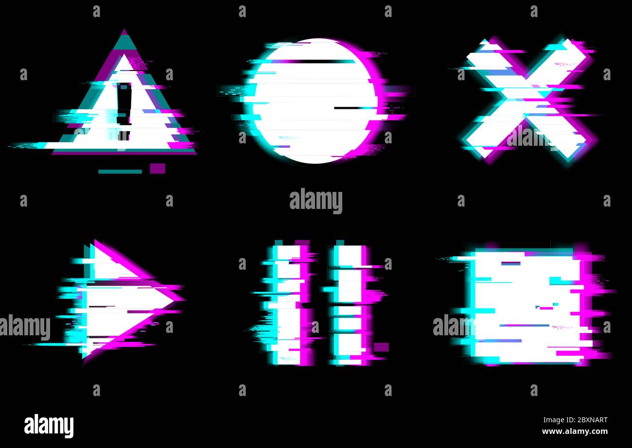 Distorted glitch style buttons vector illustration set. Play, pause, stop, warning symbols with ...