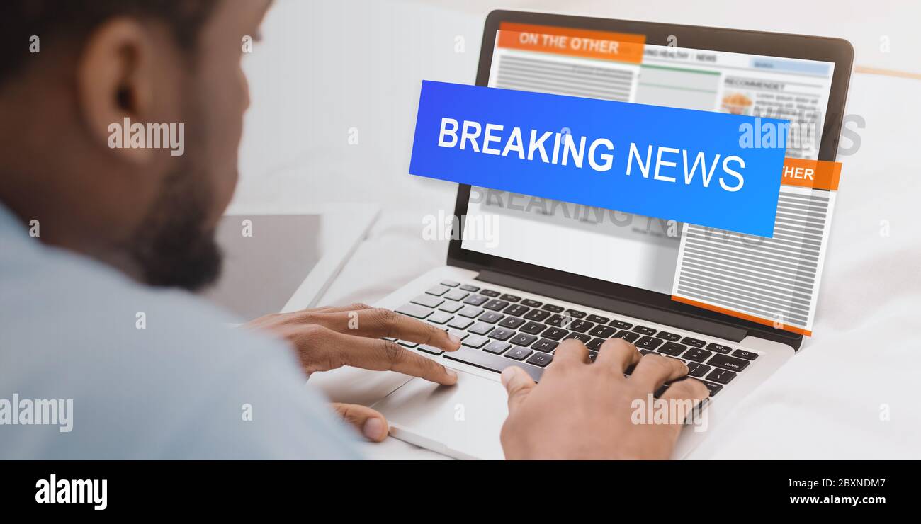 Collage with African American guy checking latest BREAKING NEWS on ...