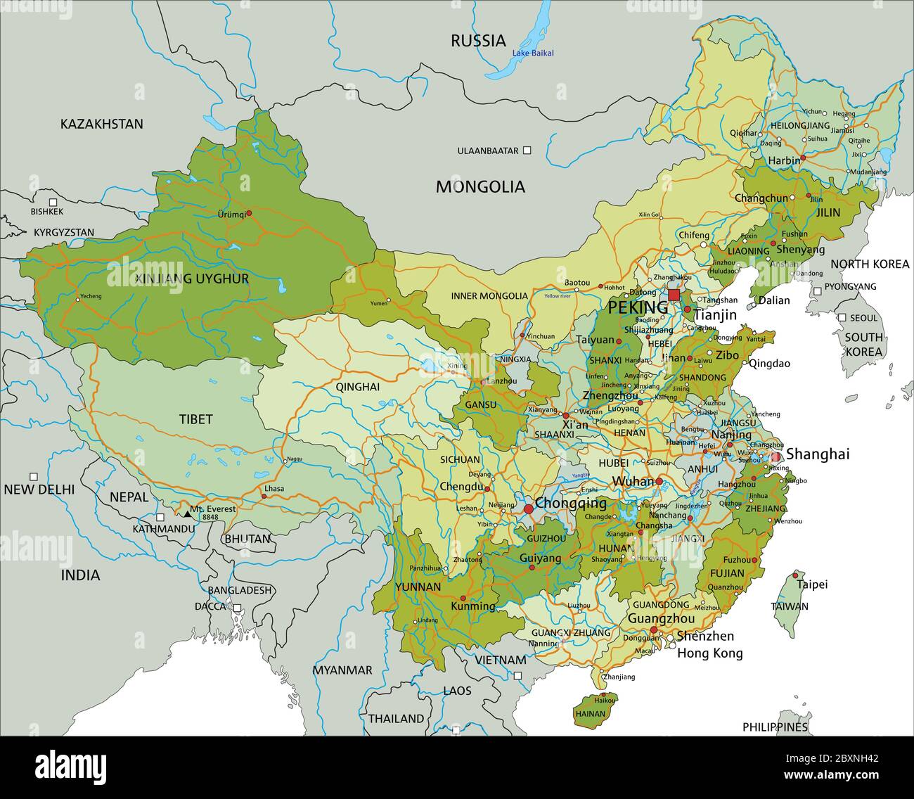 Highly detailed editable political map with separated layers. China ...