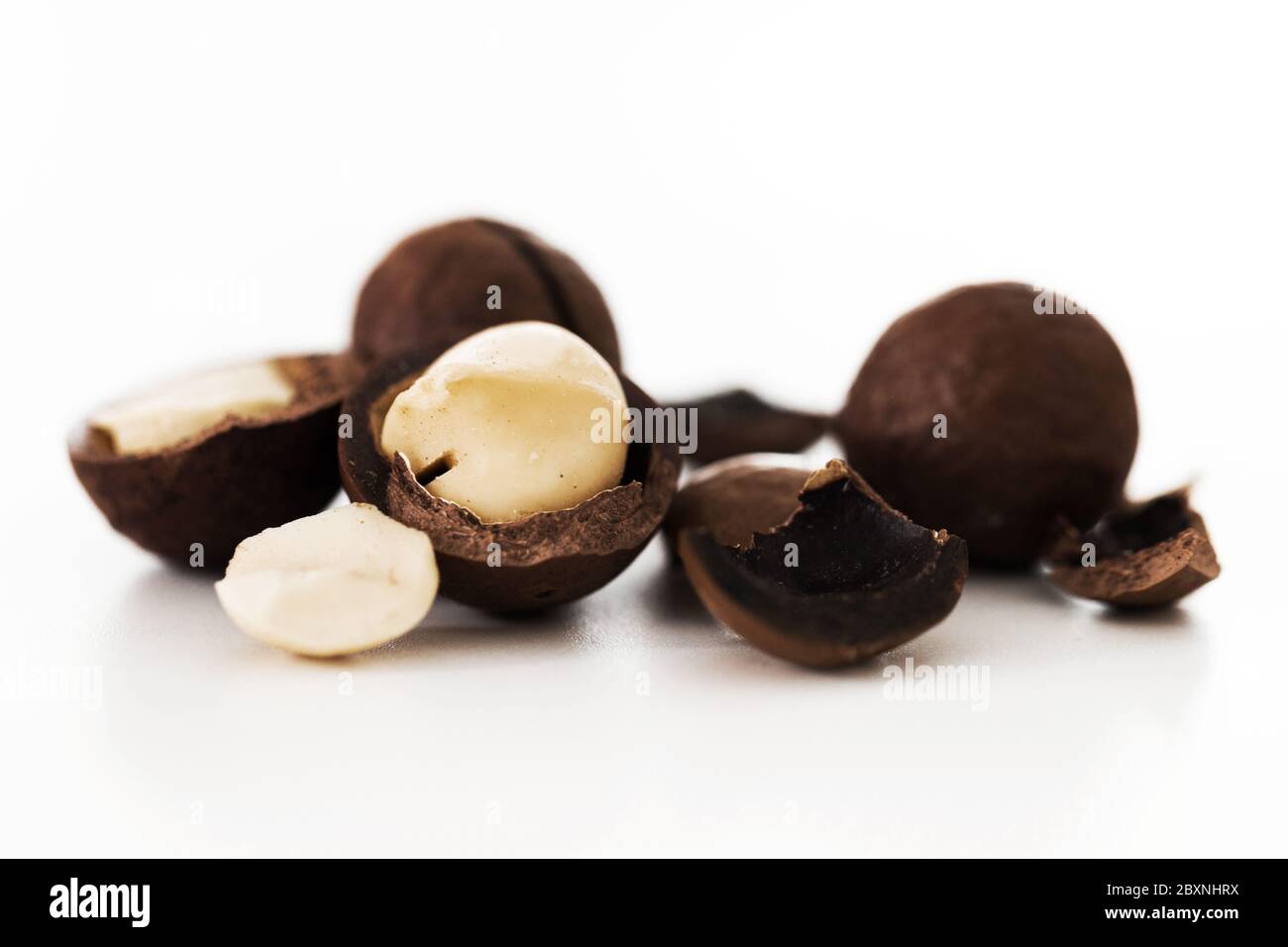 Shelled and unshelled macadamia nuts on white background Stock Photo ...