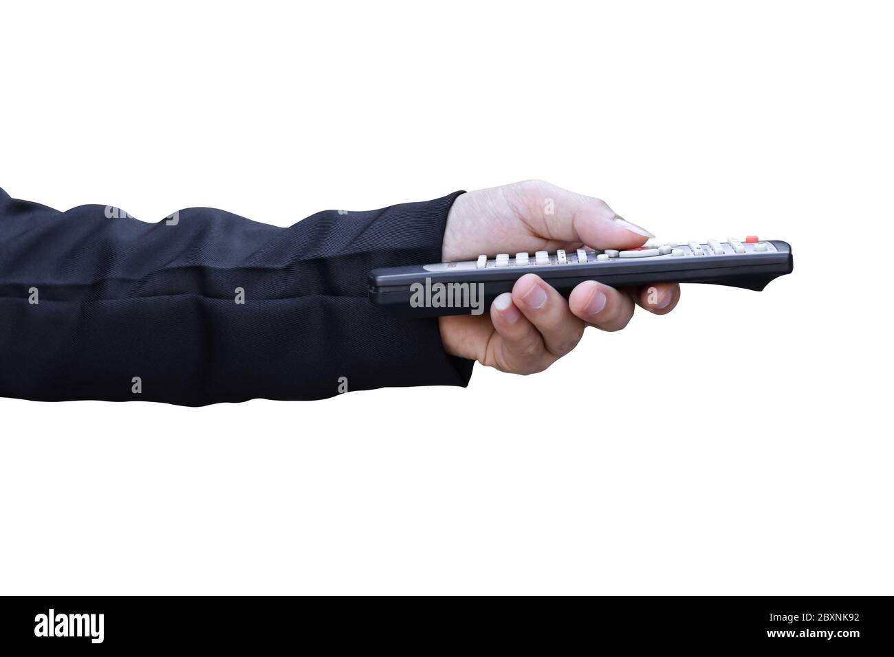 Businessman hand holding black remote control isolated on white ...