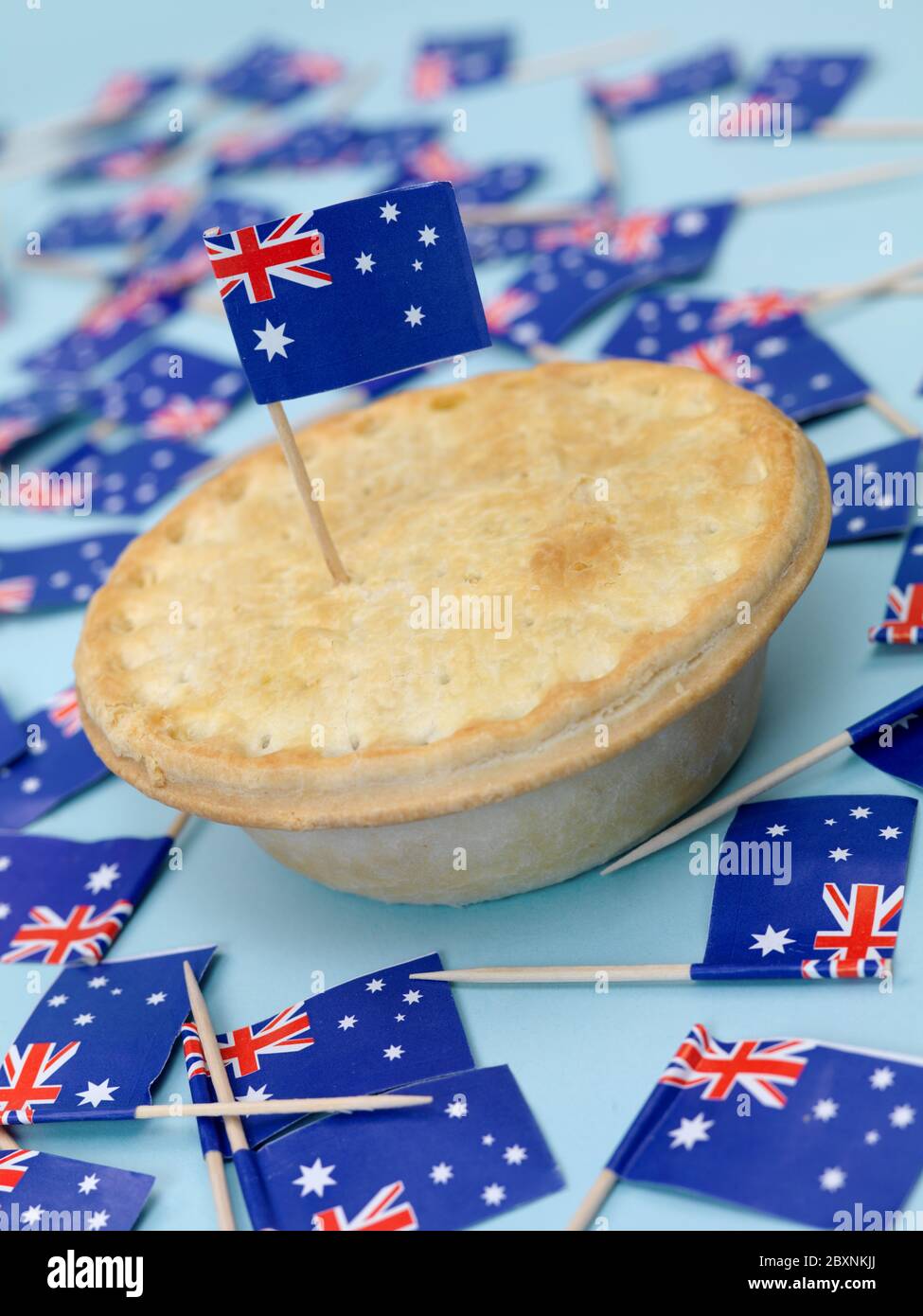 An Australian meat pie isolated against a blue background with ...