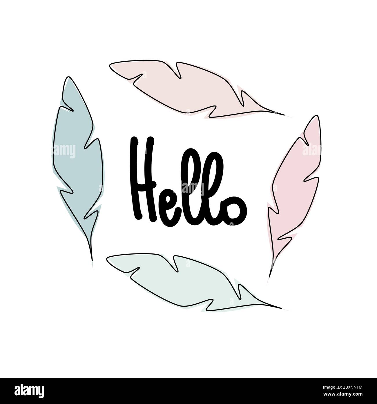 Cute hand drawn lettering hello in a frame of pastel feathers colorful ...