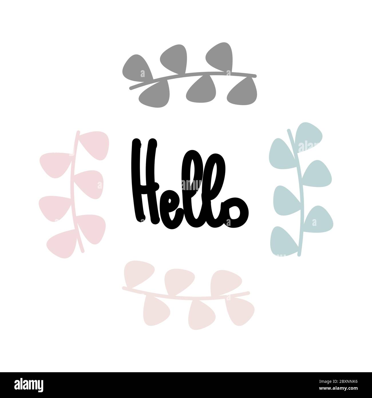Cute hand drawn lettering hello in a frame of branches with pastel ...