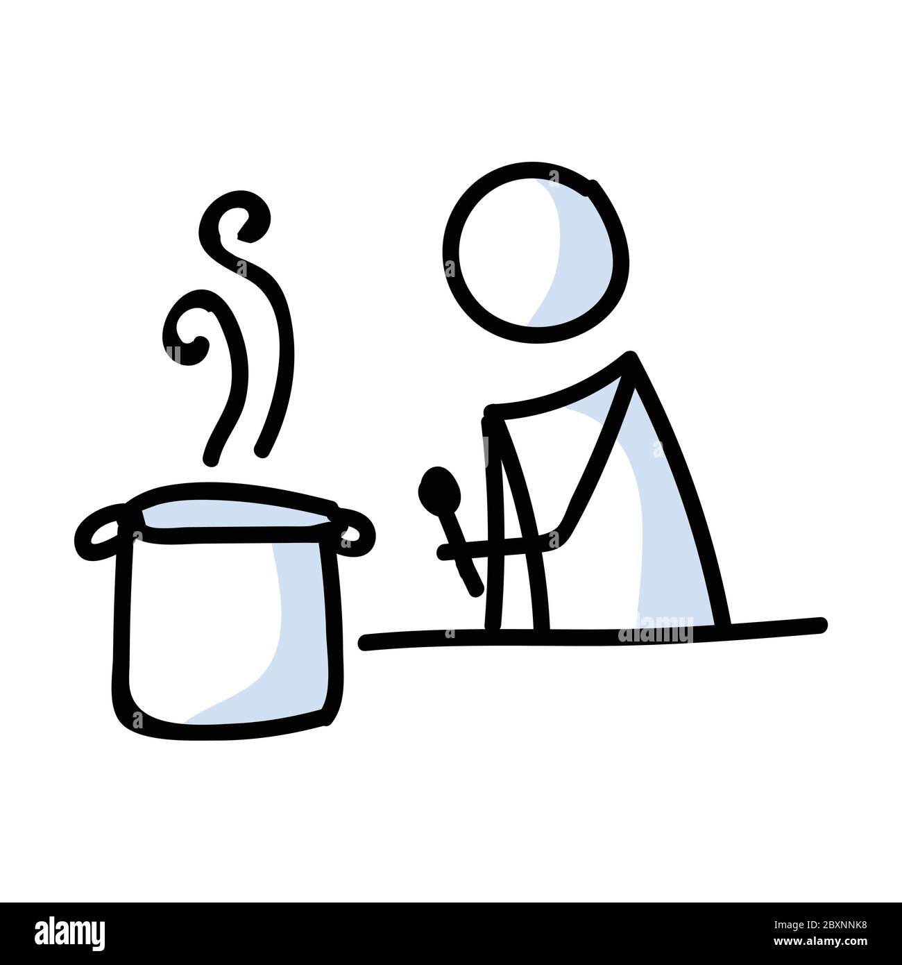 Cute stick figure cooking at home lineart icon. Dinner preparation ...