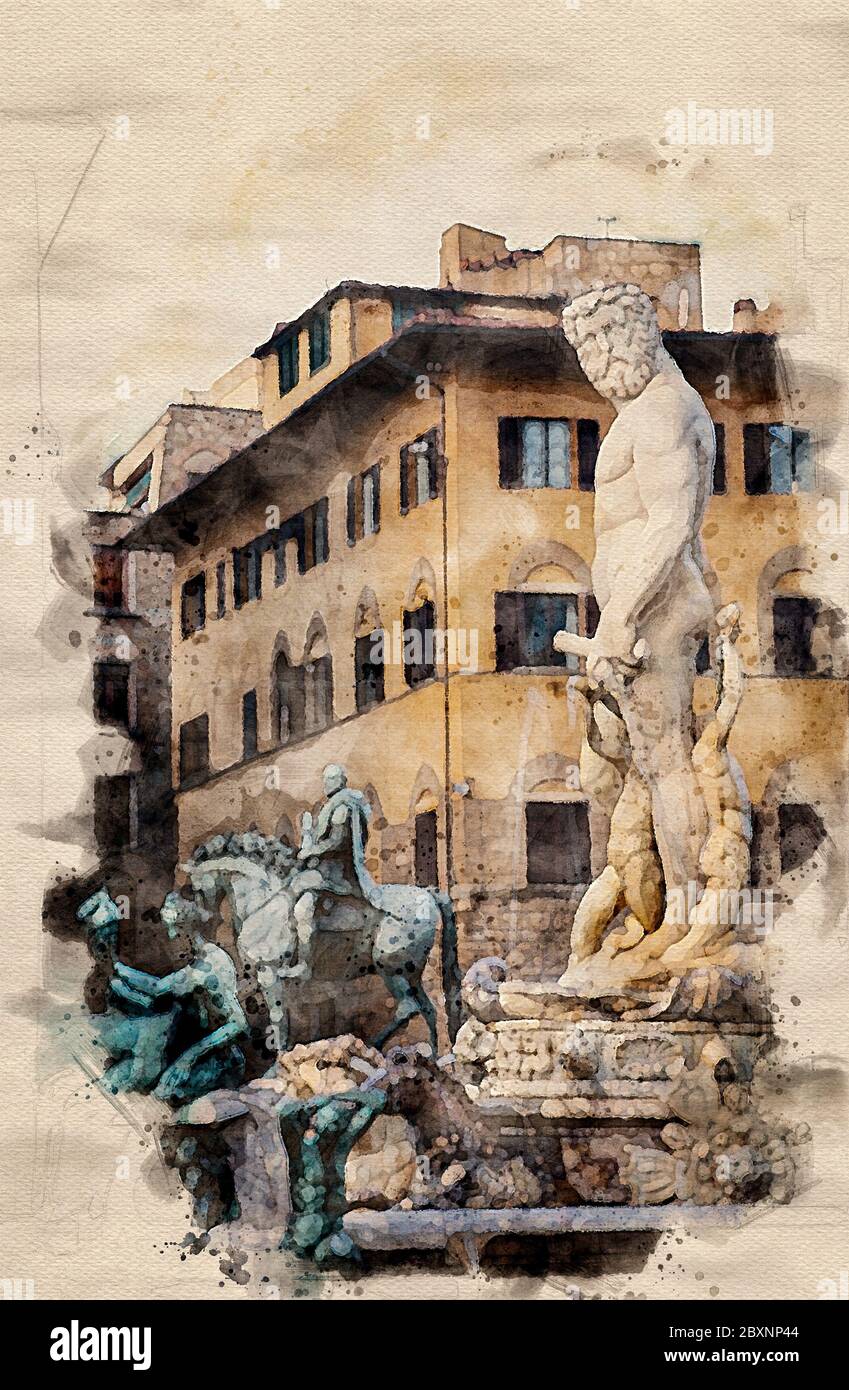 Watercolor painting from Piazza della Signoria in Florence Italy ...