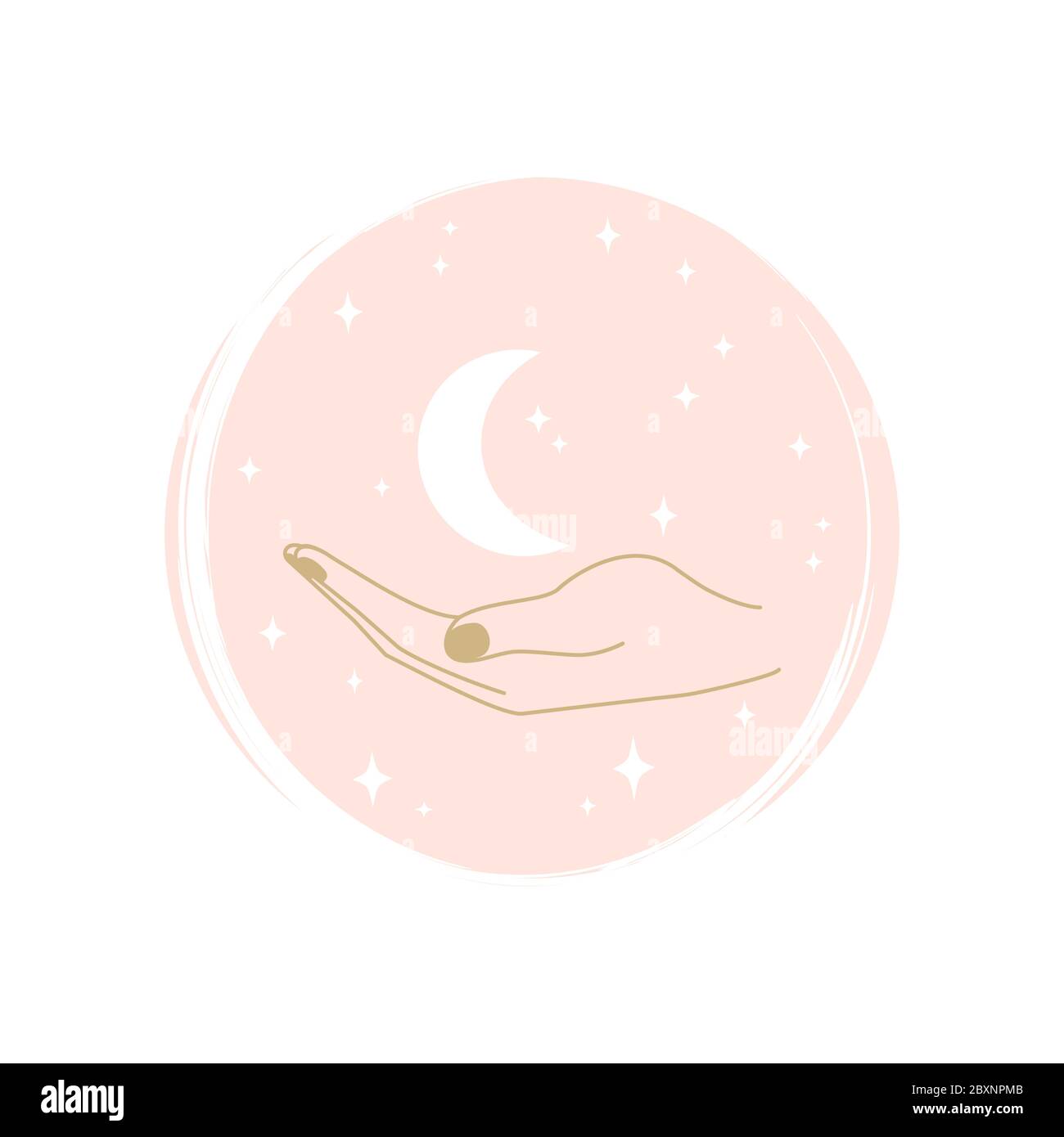 Cute human hand with moon and stars logo vector illustration on circle ...