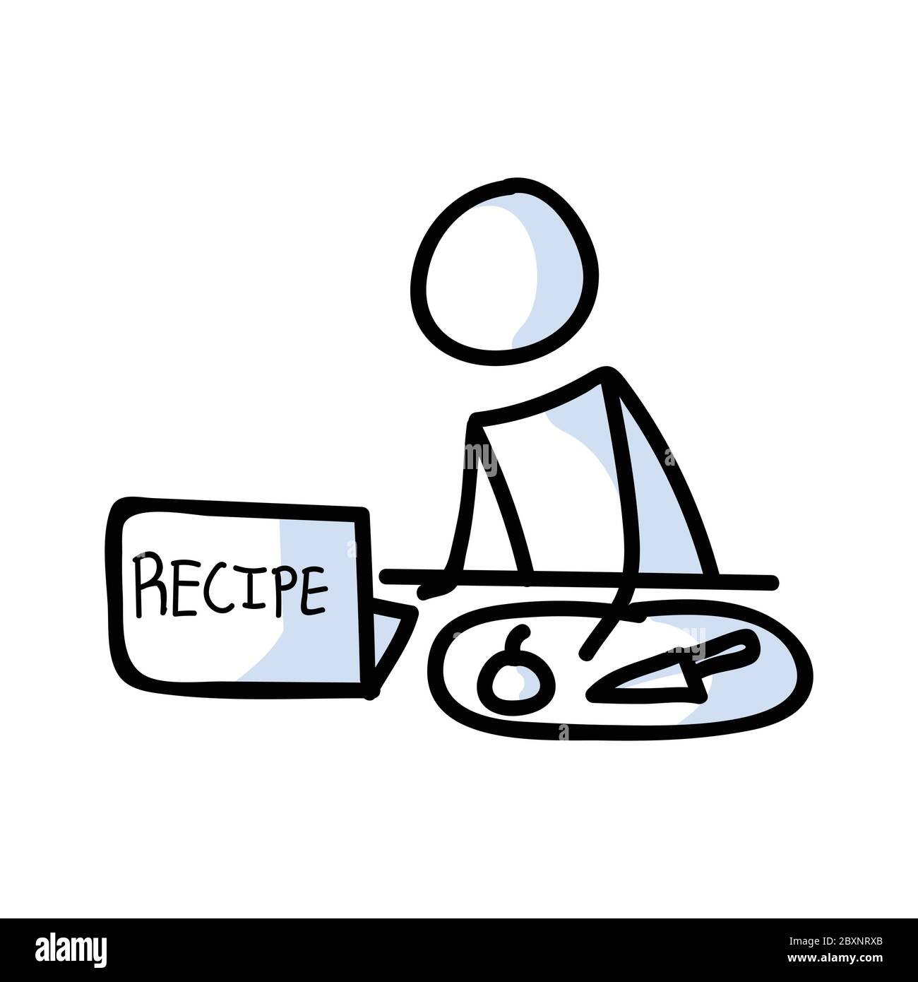 Cute stick figure cooking recipe on laptop lineart icon. Dinner ...