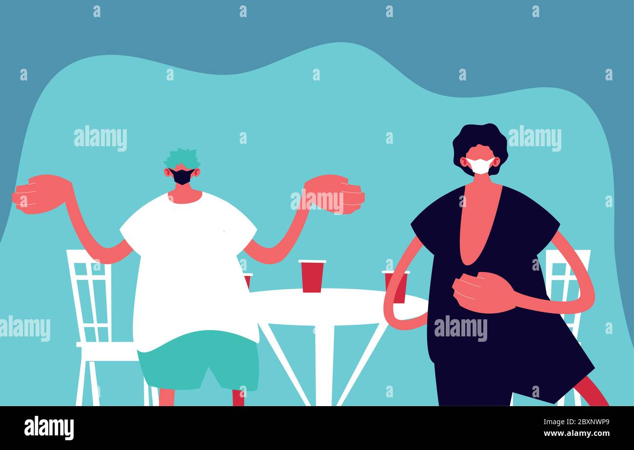 Urban men cartoons with masks casual cloth and restaurant table with ...