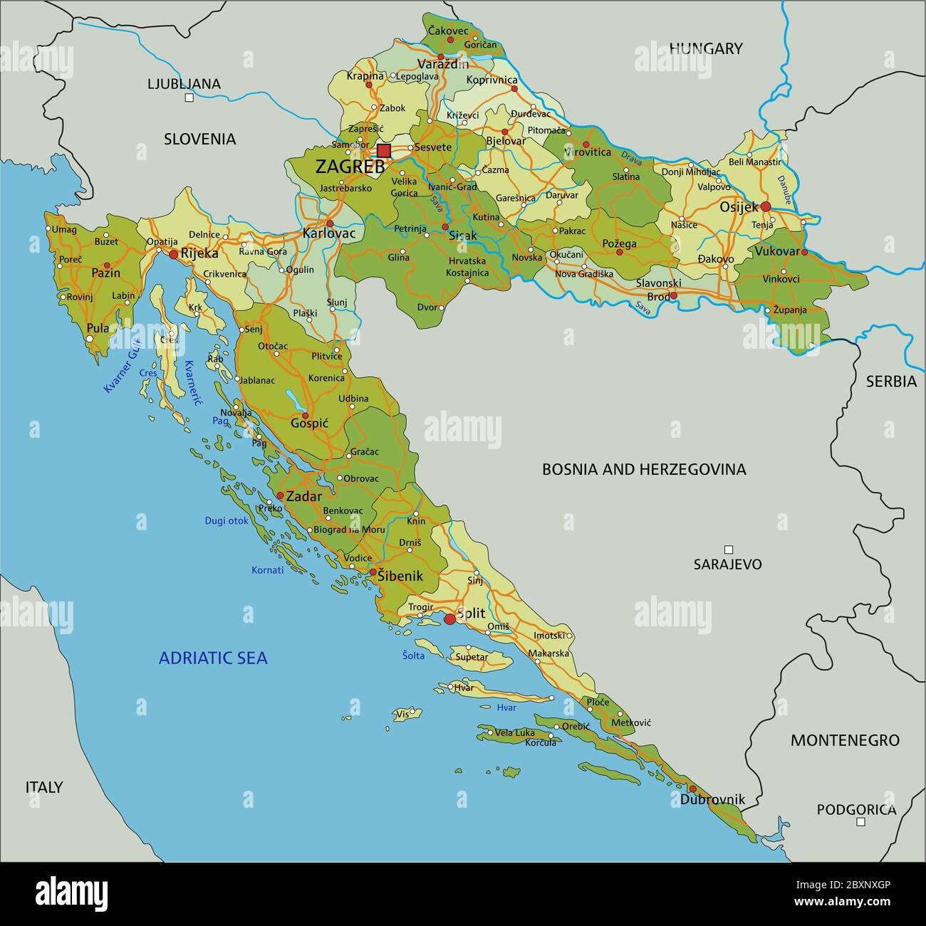 Highly detailed editable political map with separated layers. Croatia ...
