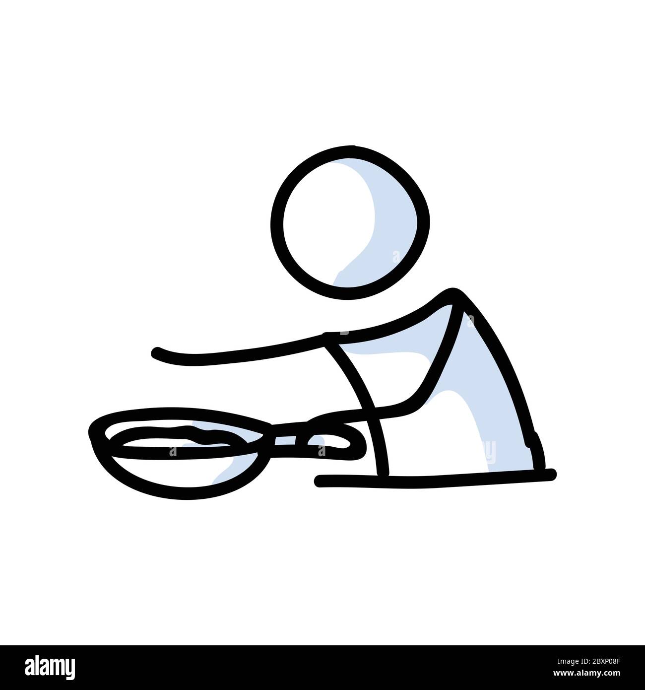 Cute stick figure cooking with frying pan lineart icon. Dinner ...