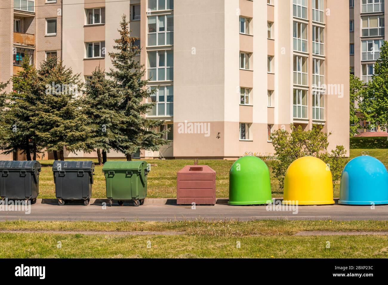 The different garbage bins in residential area. Separate garbage ...