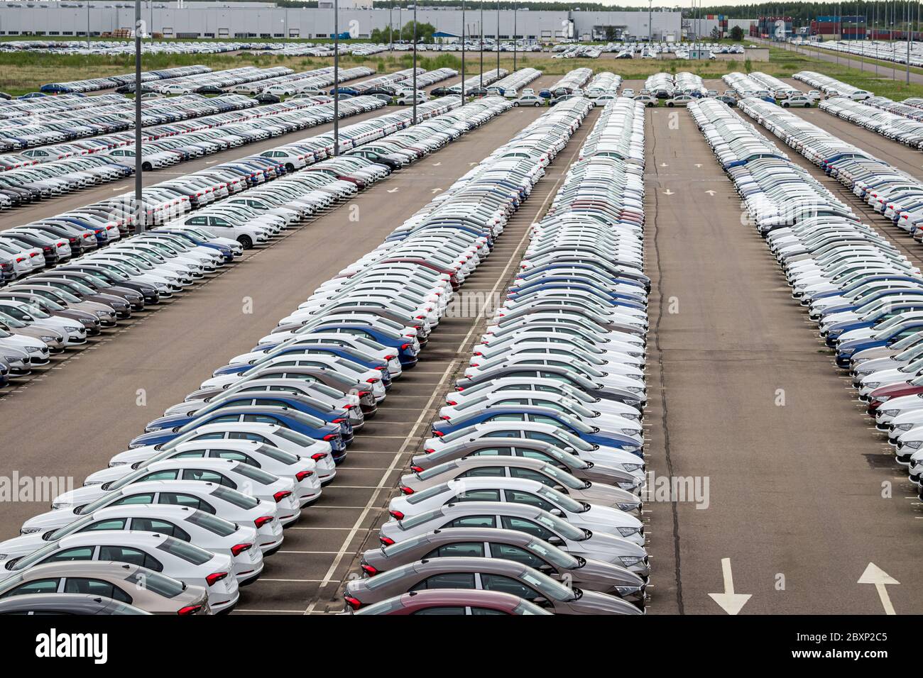 Rows of a new cars parked in a distribution center of a car factory ...