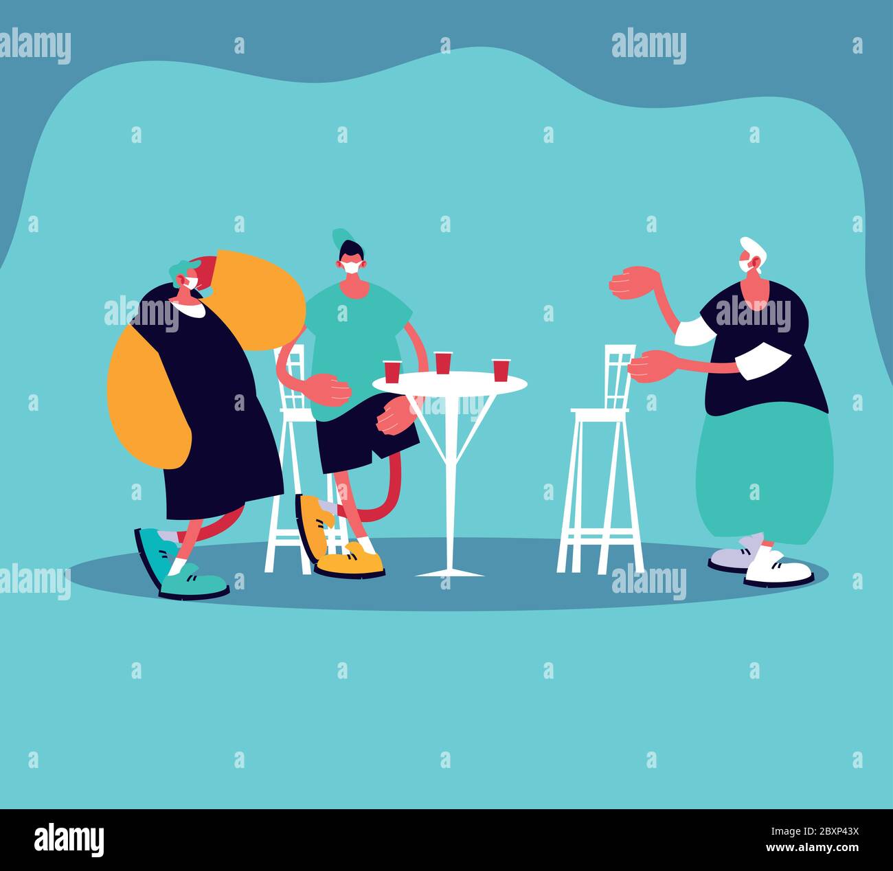 Urban men cartoons with masks casual cloth and restaurant table with ...