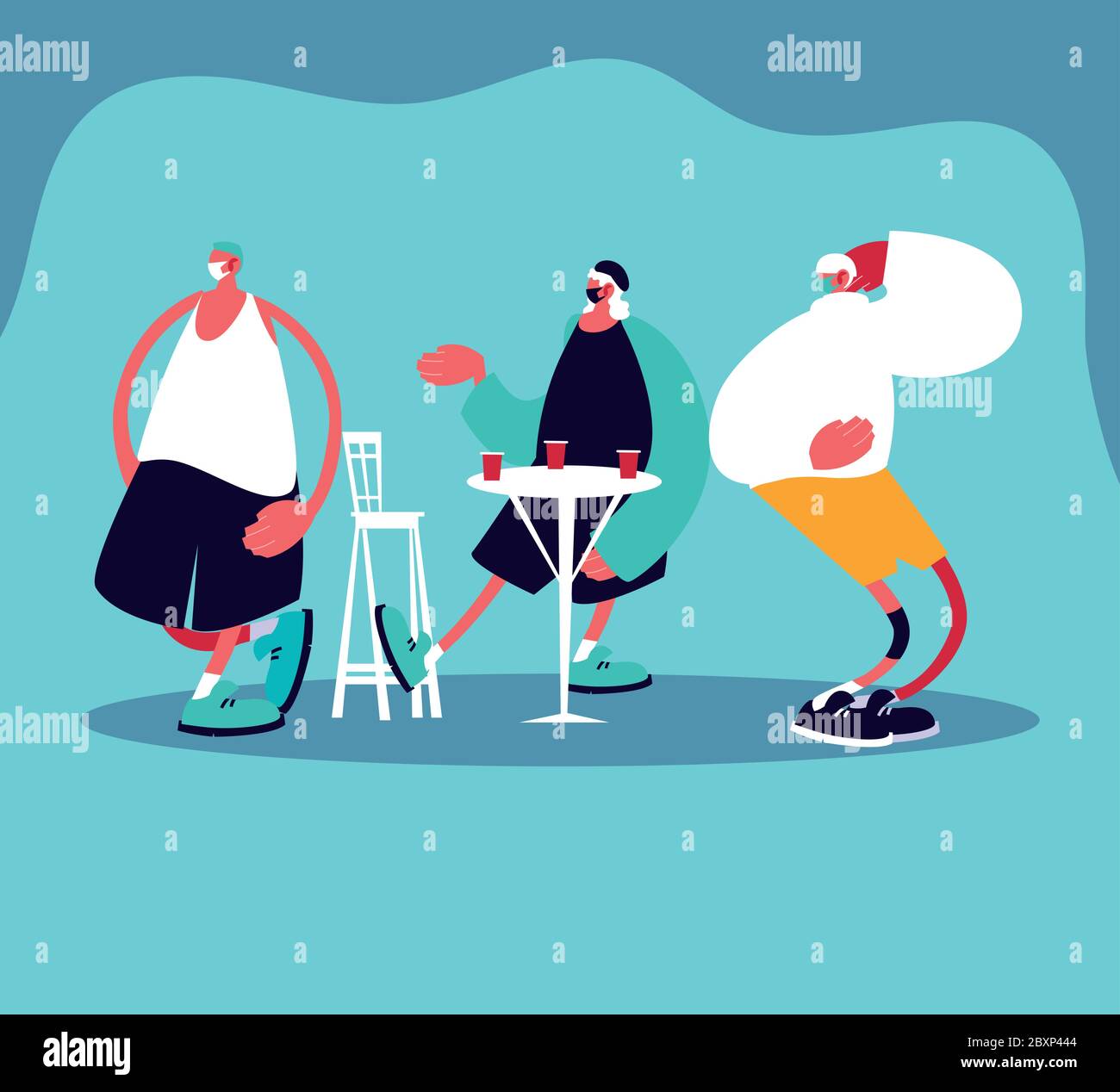 Urban men cartoons with masks casual cloth and restaurant table with ...