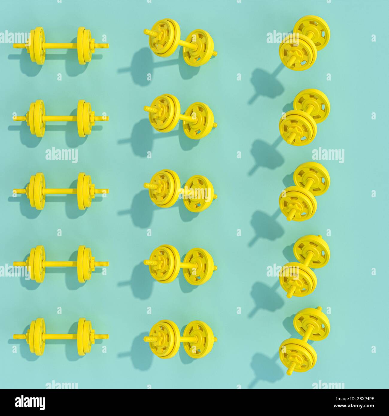 yellow gym dumbbells on a light blue background in flat lay style. 3d ...