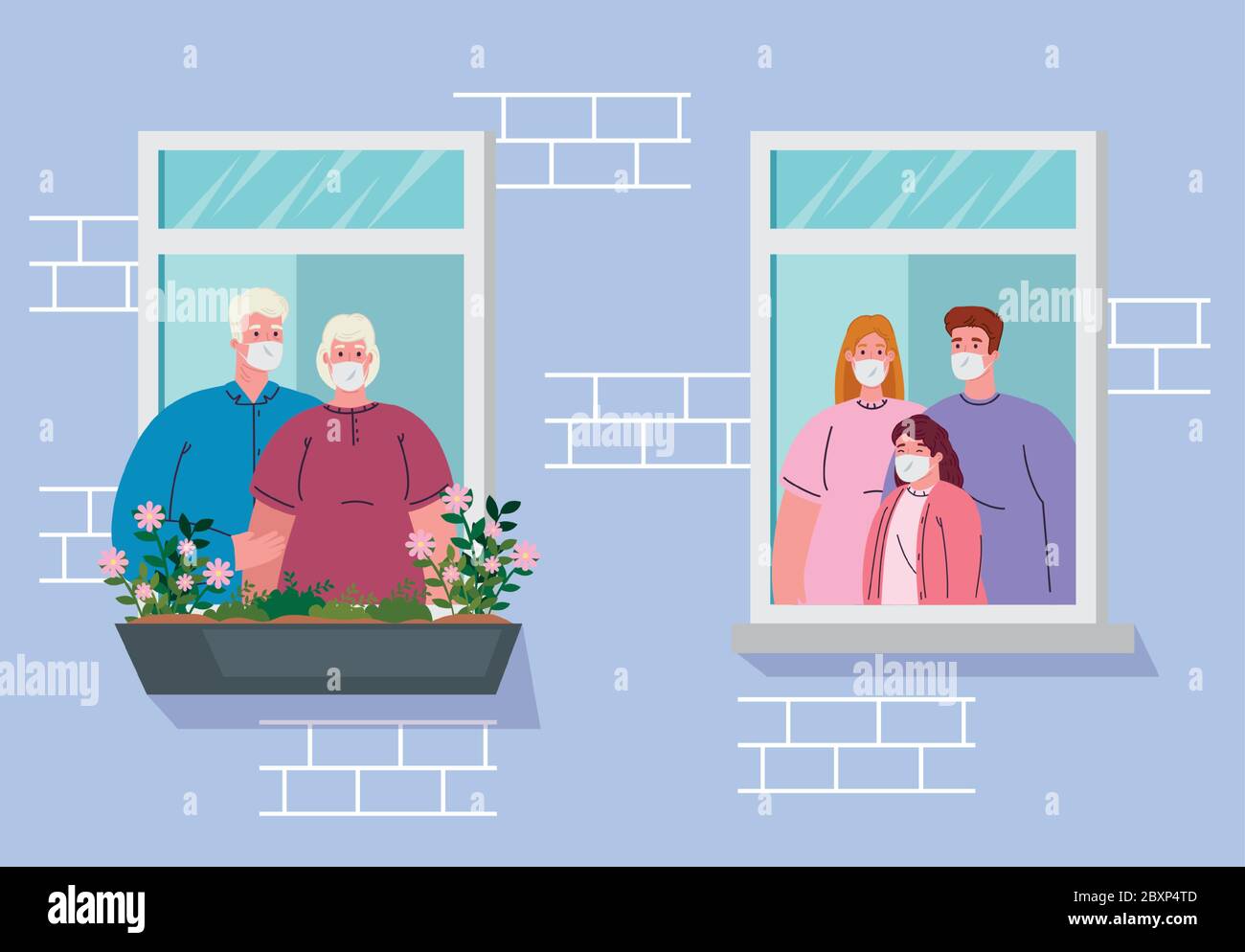 stay at home, quarantine or self isolation, house facade with windows ...