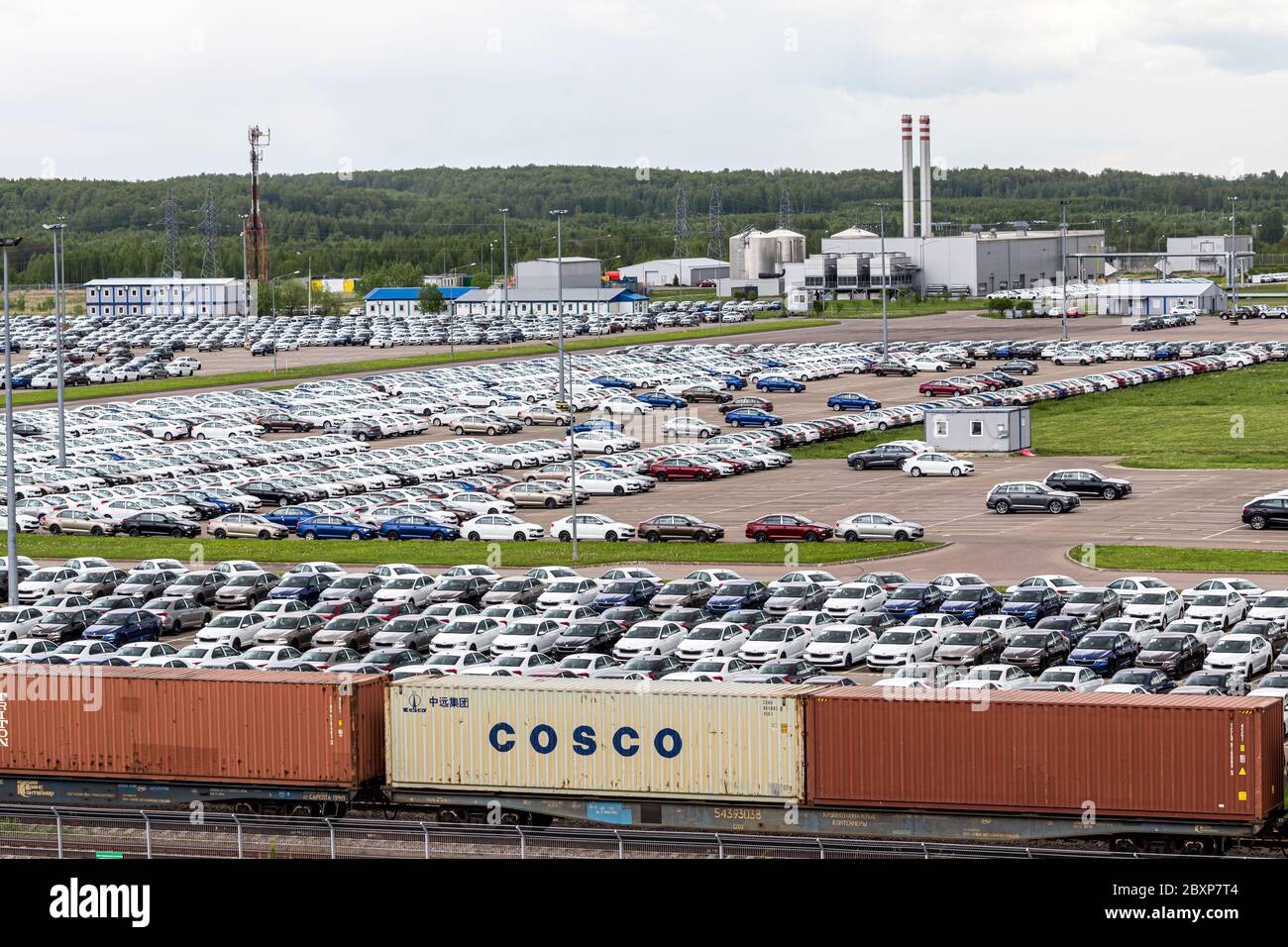 Volkswagen Group Rus, Russia, Kaluga - MAY 24, 2020: Rows of a new cars ...