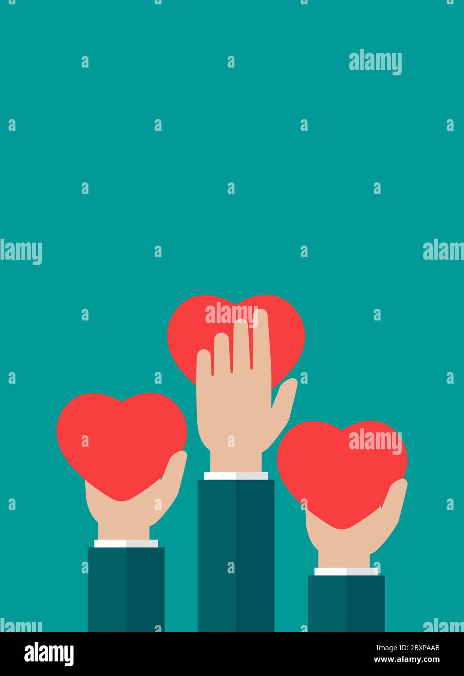 Hands holding red heart on blue background. charity, philanthropy ...