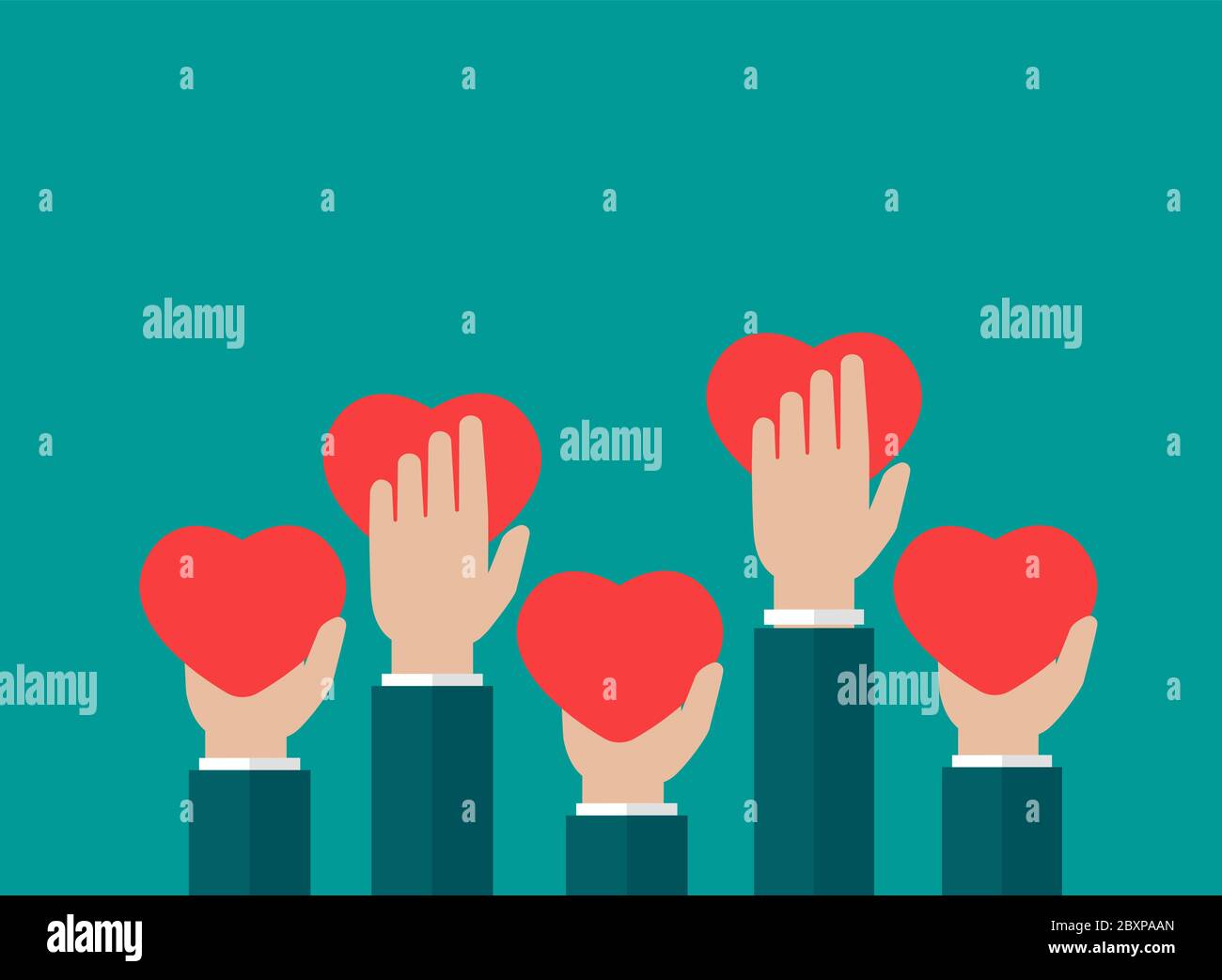 Hands holding red heart on blue background. charity, philanthropy ...