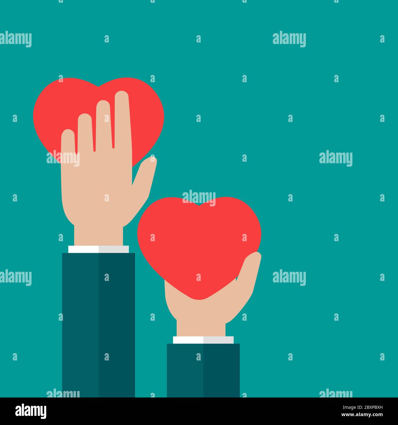 Hands holding red heart on blue background. charity, philanthropy ...
