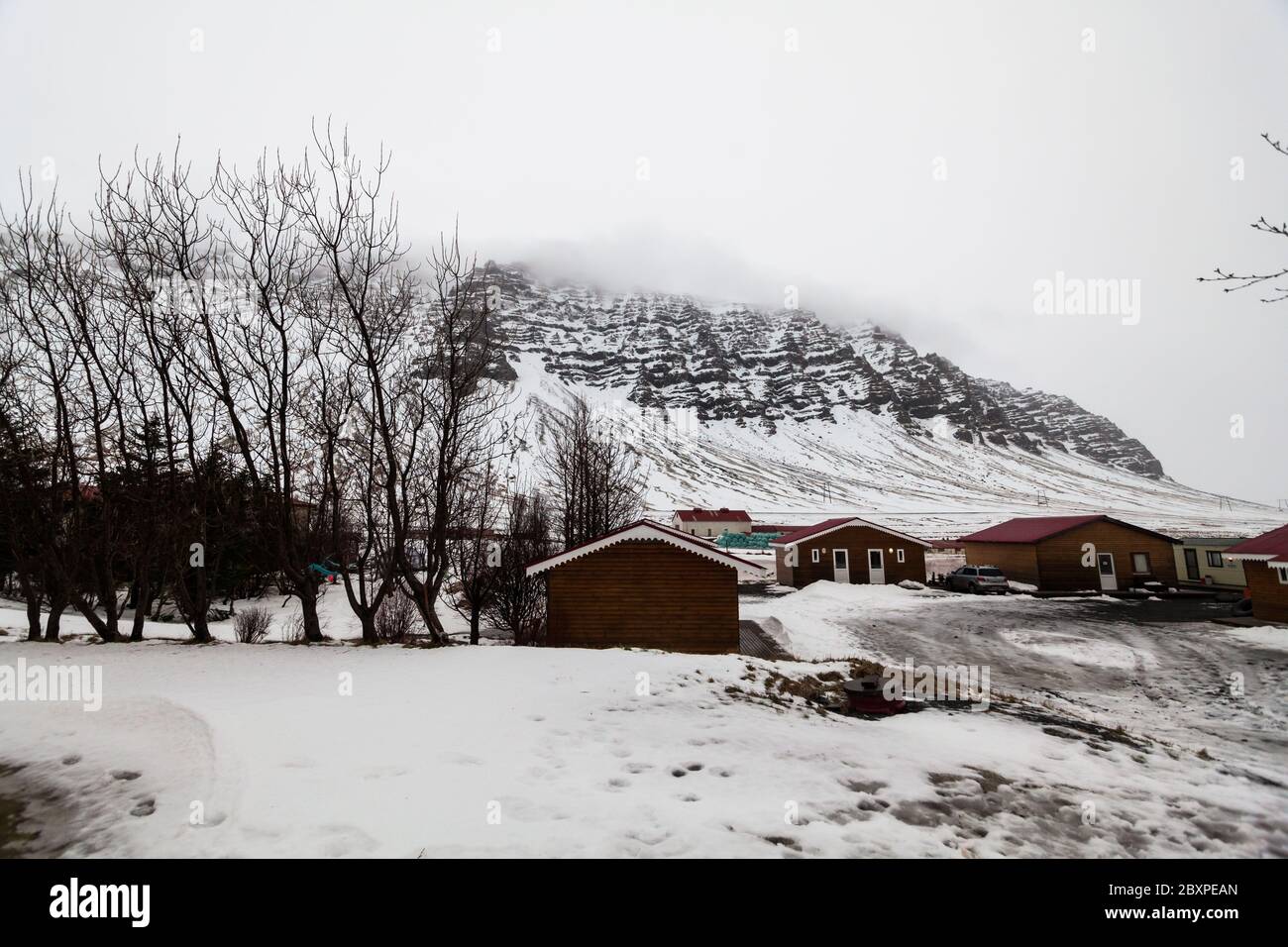 Gerdi guesthouse view during winter snow in Hofn Iceland Stock Photo ...