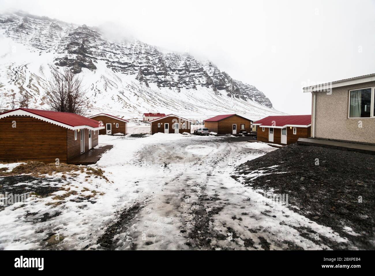 Gerdi guesthouse view during winter snow in Hofn Iceland Stock Photo ...