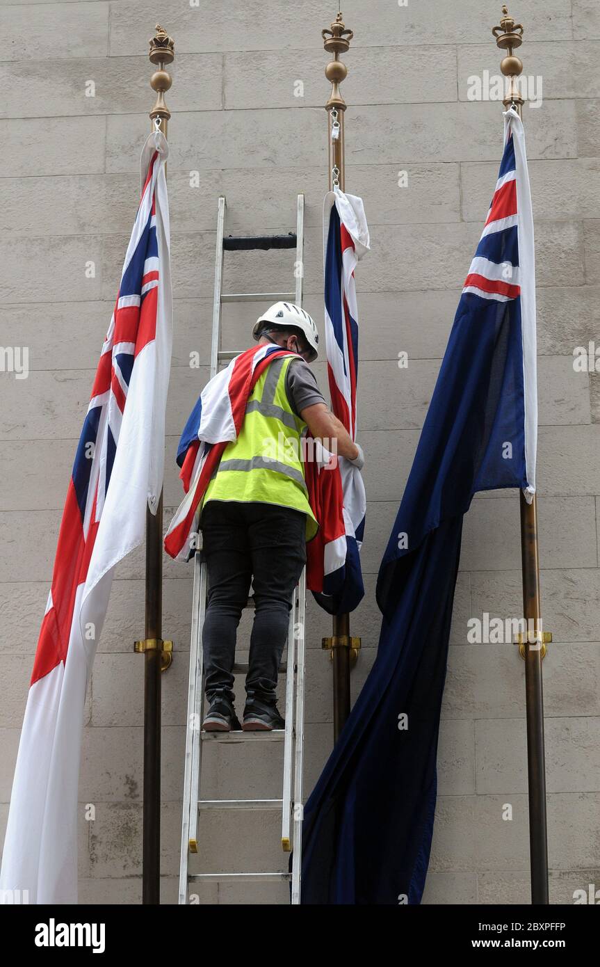 London, UK, 8 June 2020 Damaged Union flag removed from Cenotaph. It is ...