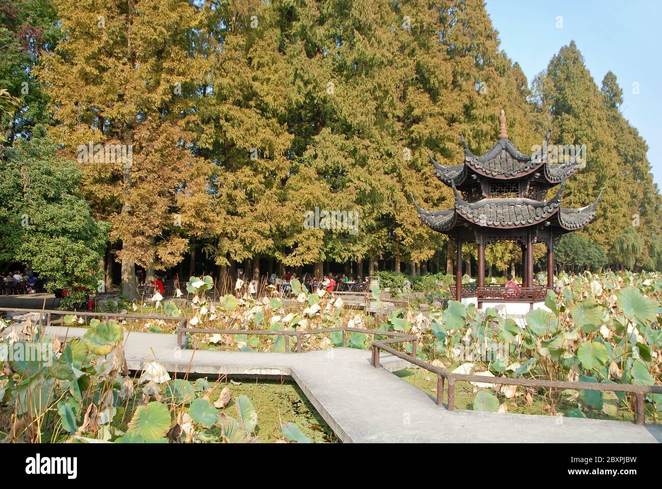 West Lake (Xi Hu) in Hangzhou, Zhejiang Province, China. A pavilion at ...