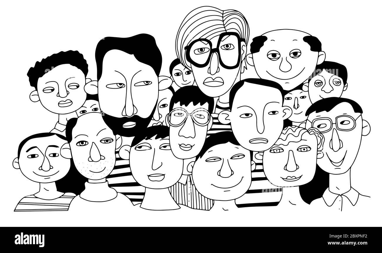 Faces - hand drawn a crowd of many different men from diverse cultural ...