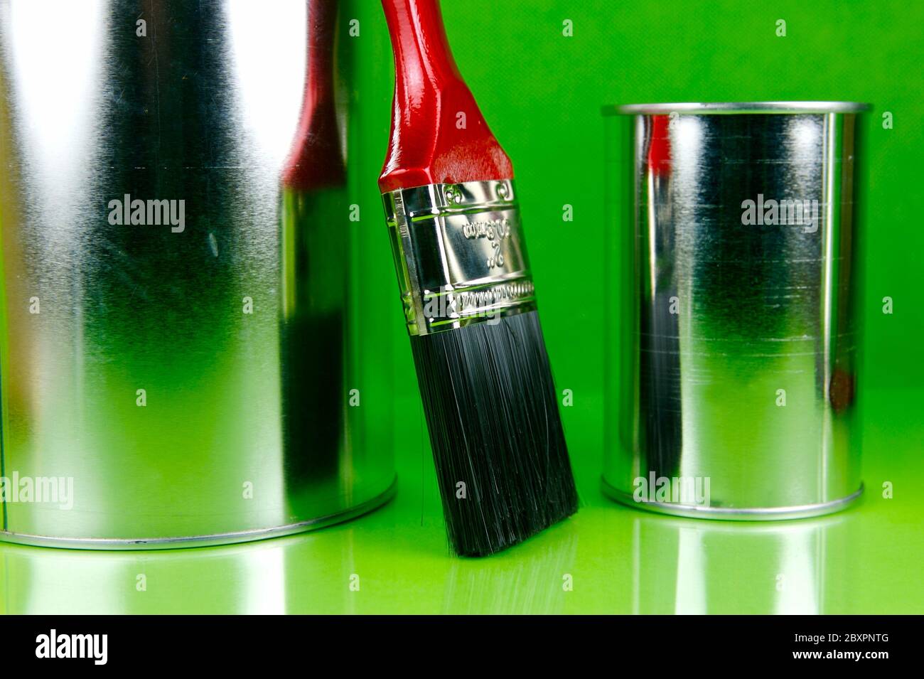 Paint brushes and painting tins isolated against a green background ...