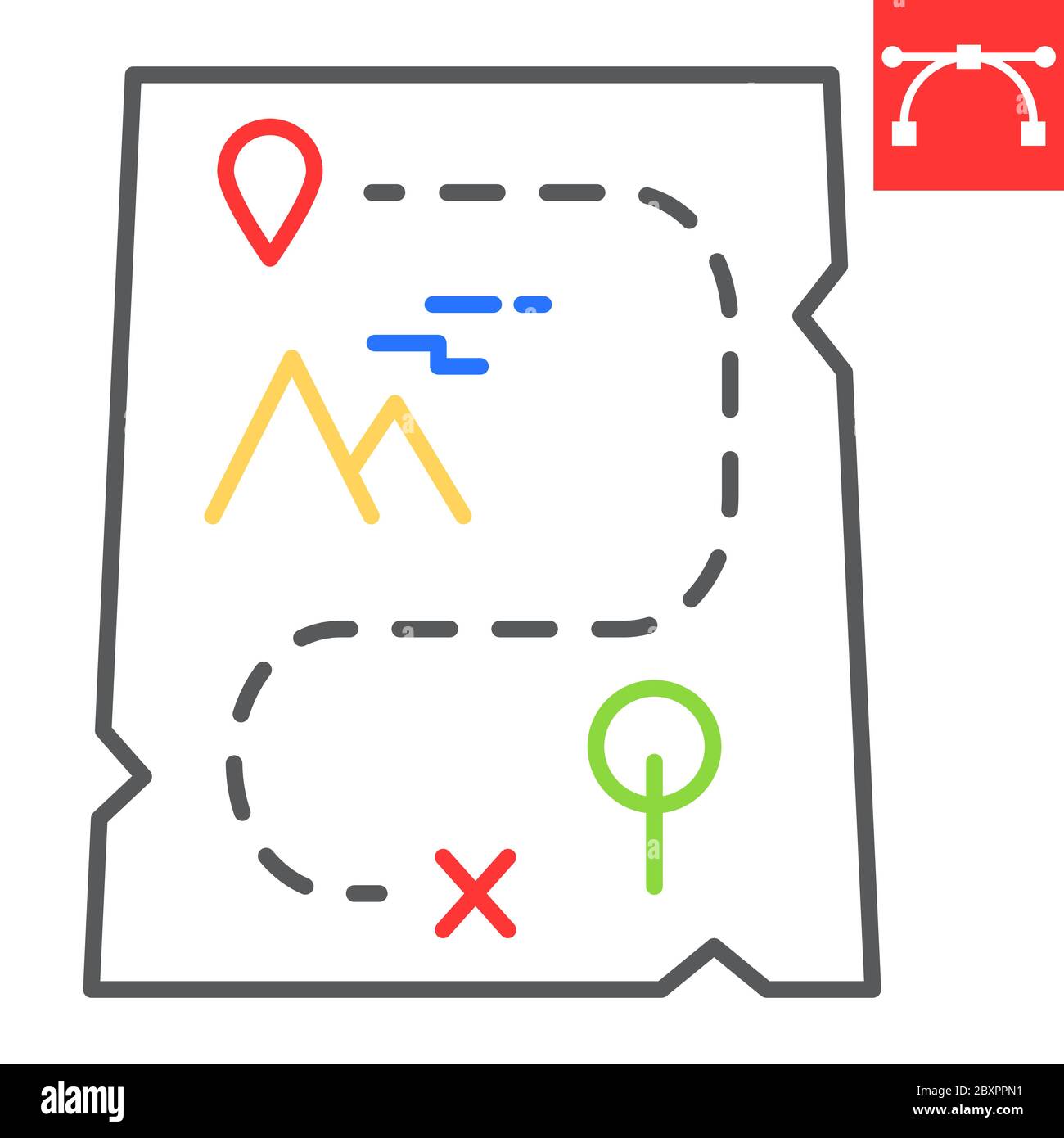 Cartoon map color line icon, video games and treasure, adventure game ...